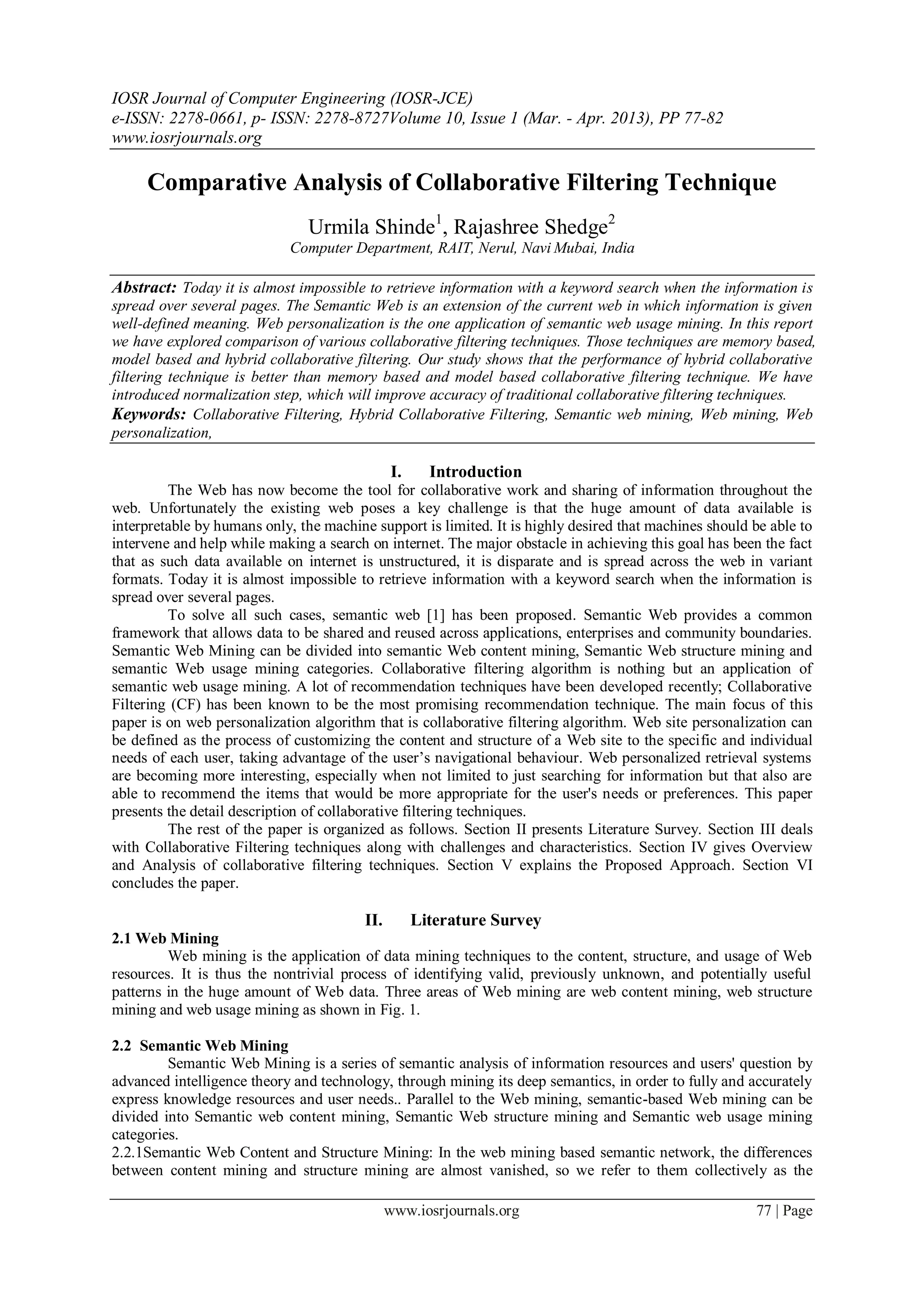 Comparative Analysis of Collaborative Filtering Technique | PDF