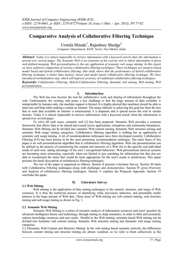 Comparative Analysis of Collaborative Filtering Technique | PDF