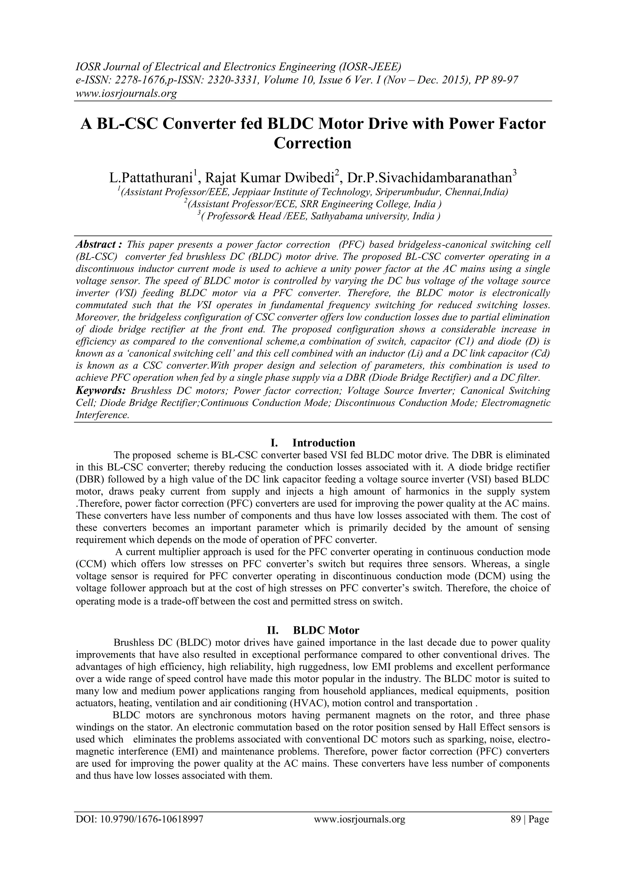 A BL-CSC Converter fed BLDC Motor Drive with Power Factor Correction | PDF