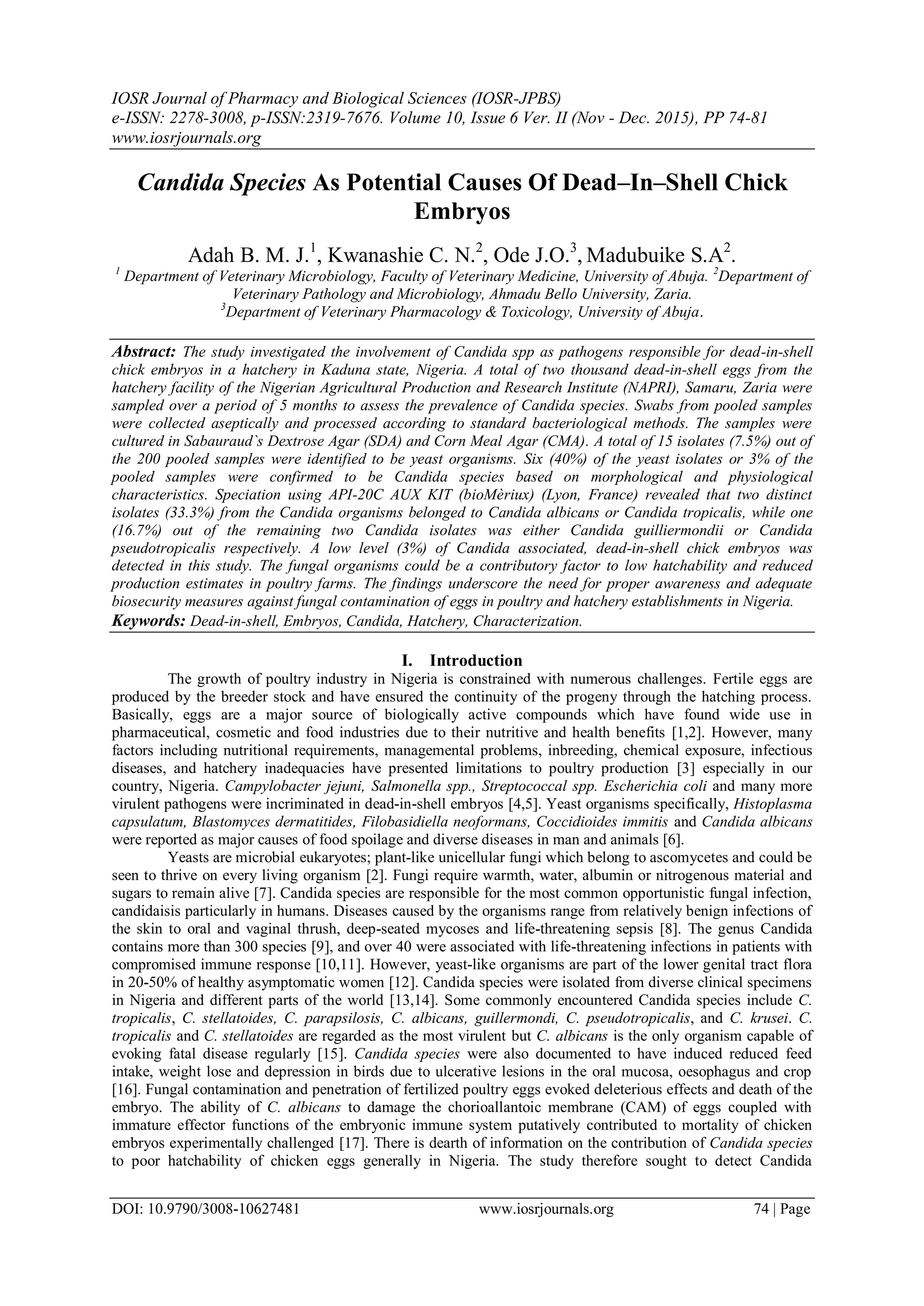 Candida Species As Potential Causes Of Dead–In–Shell Chick Embryos | PDF