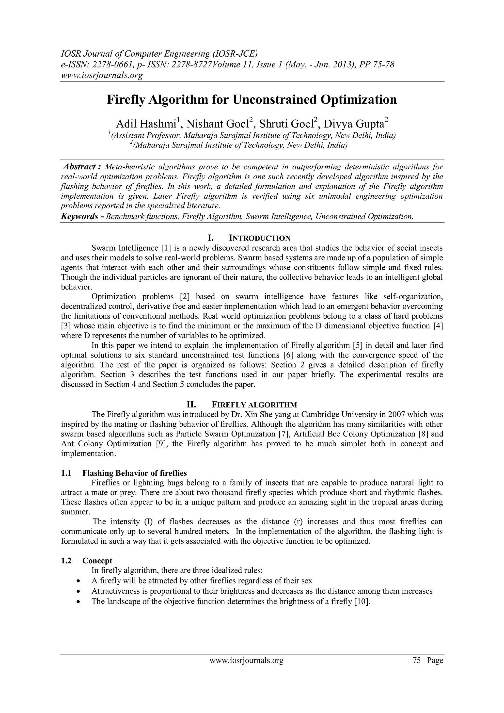 Firefly Algorithm for Unconstrained Optimization | PDF