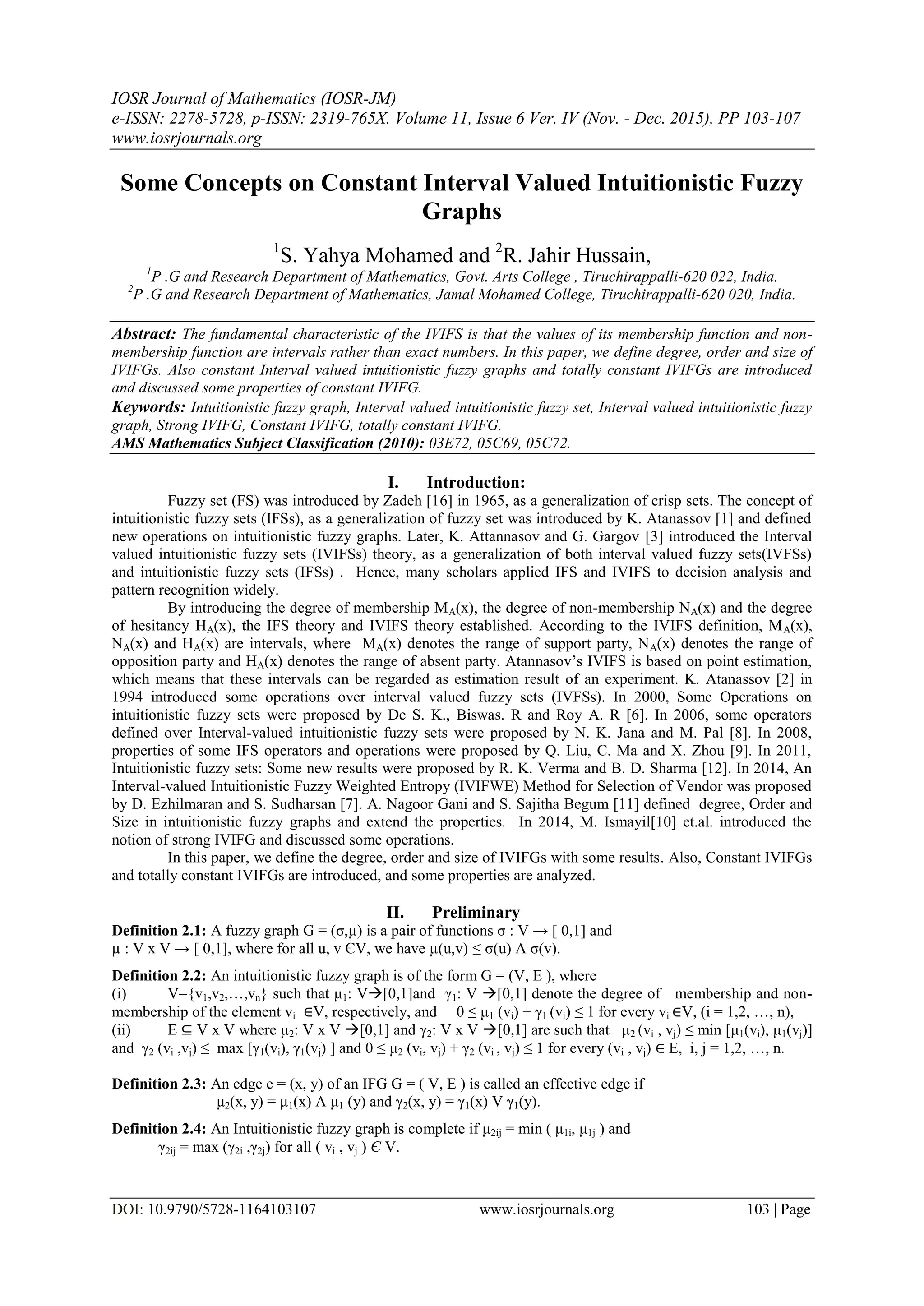 Some Concepts on Constant Interval Valued Intuitionistic Fuzzy Graphs | PDF