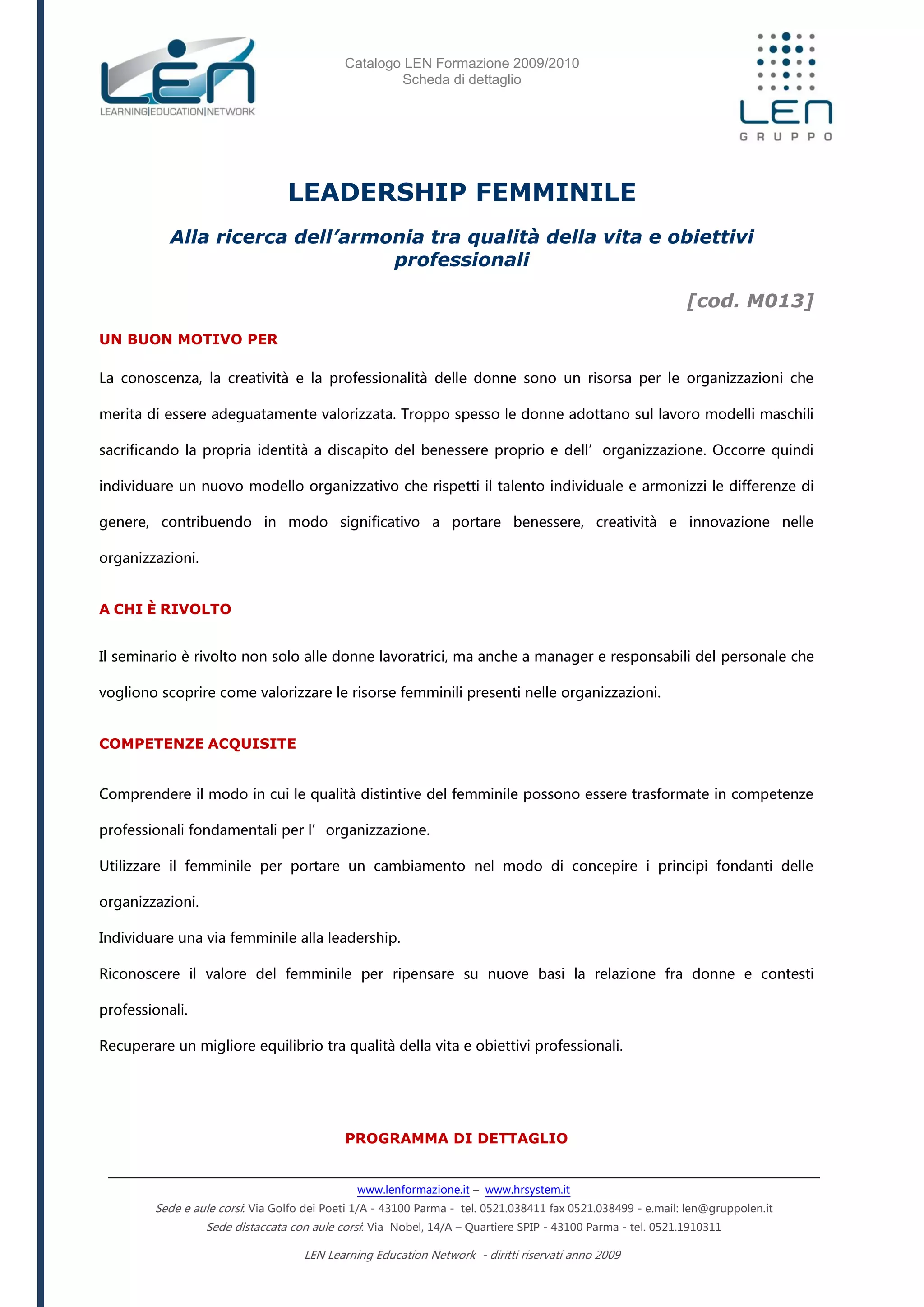 Leadership femminile - Scheda corso LEN | PDF