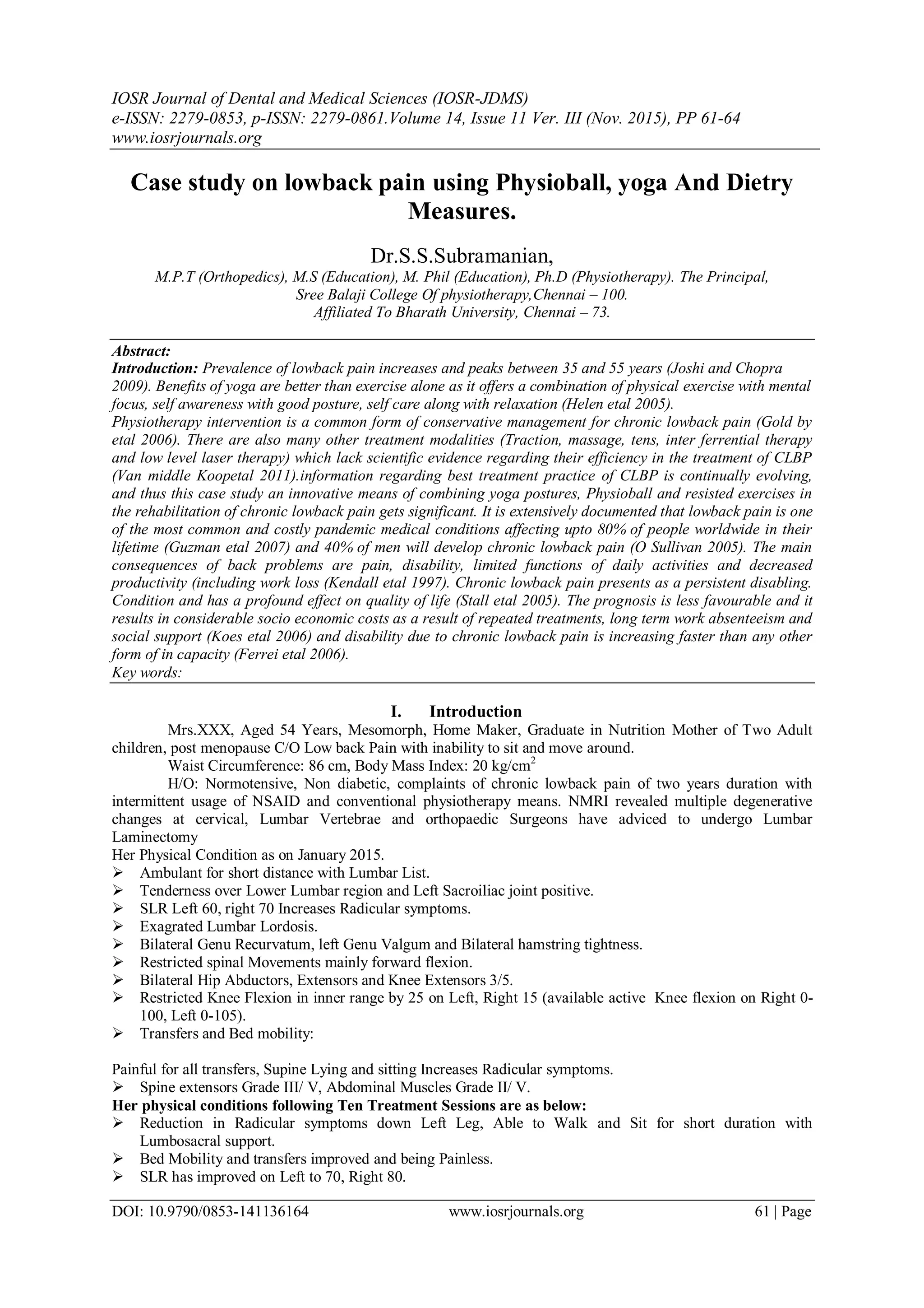 Case study on lowback pain using Physioball, yoga And Dietry Measures. | PDF
