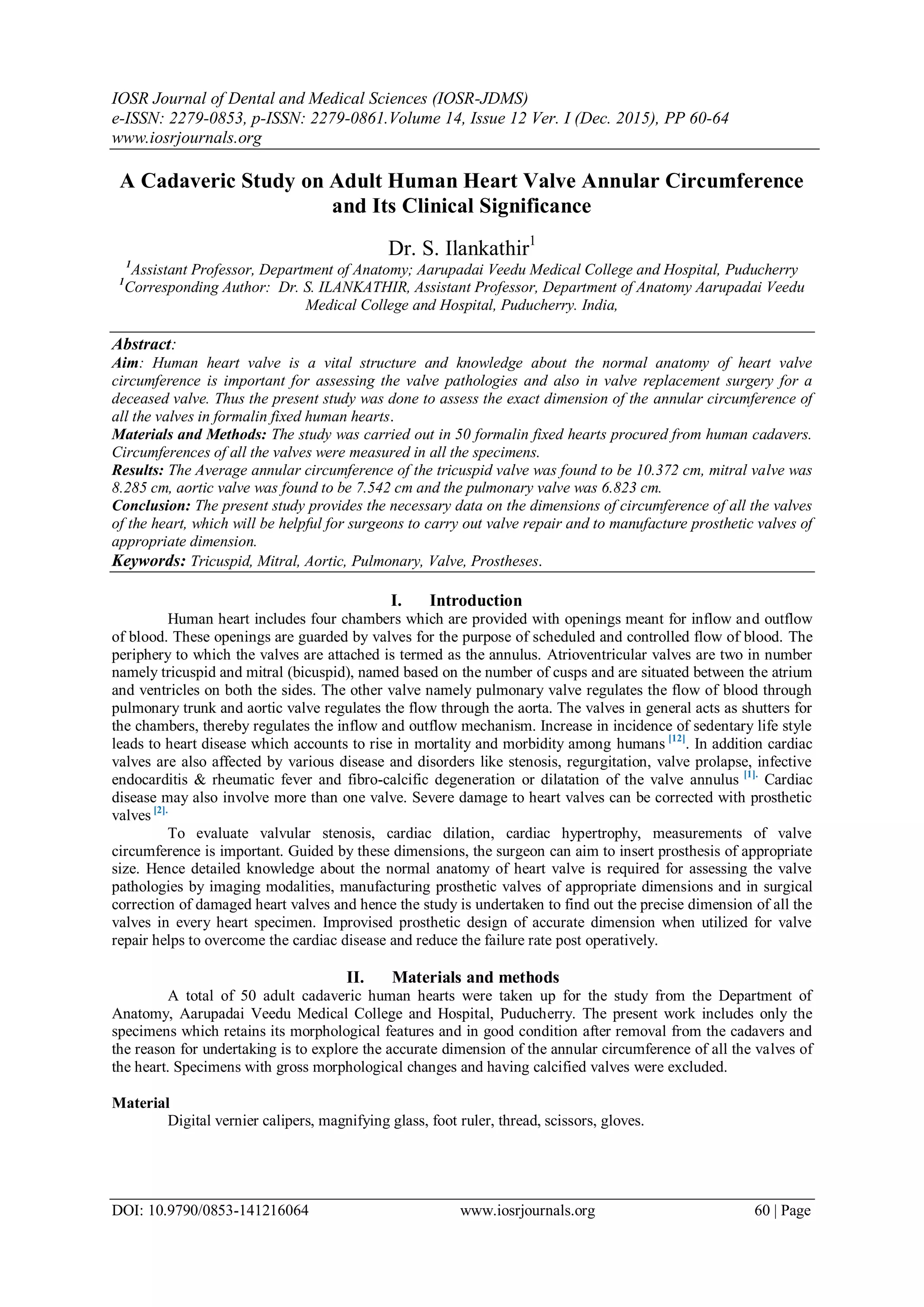 A Cadaveric Study on Adult Human Heart Valve Annular Circumference and ...