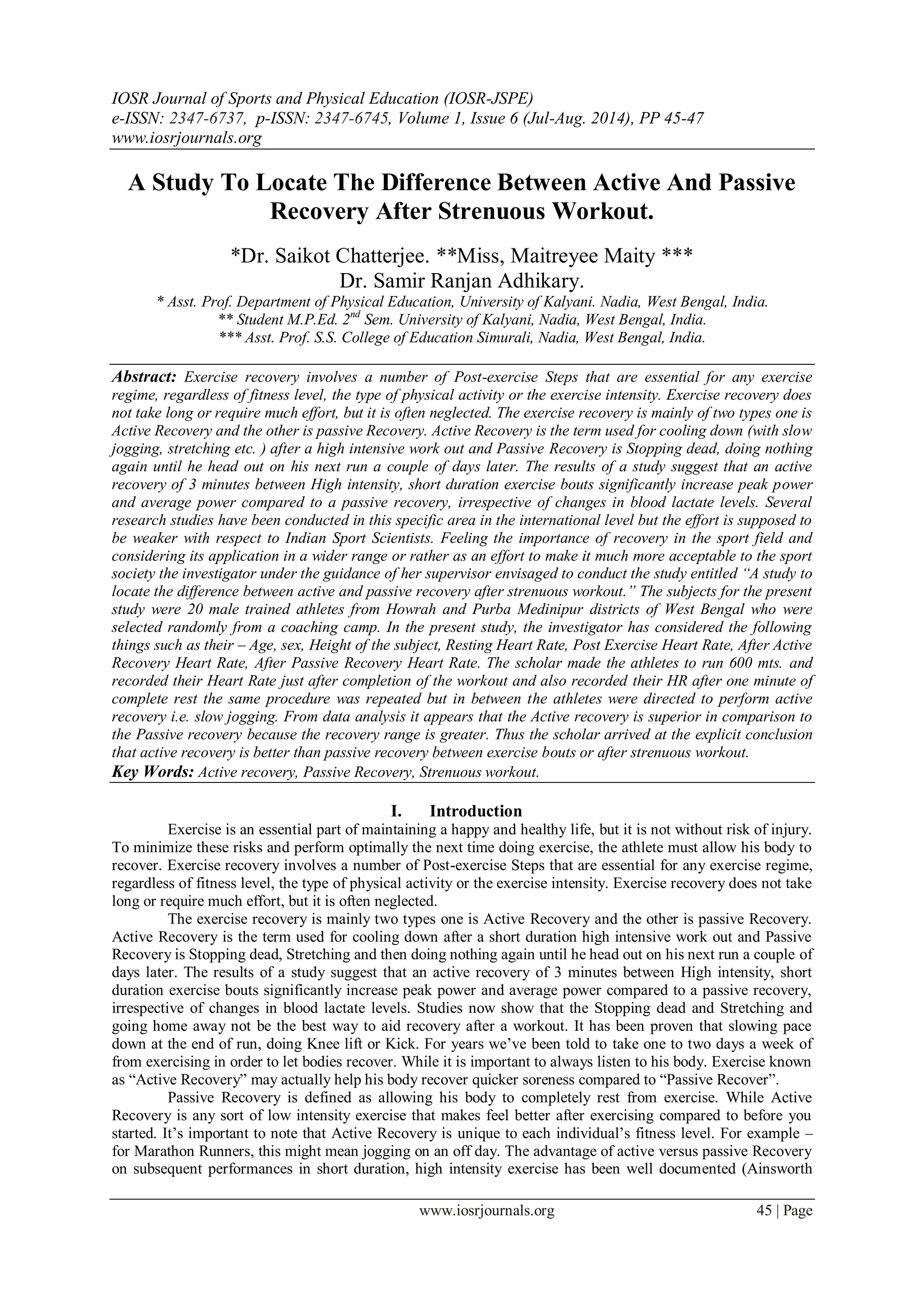 A Study To Locate The Difference Between Active And Passive Recovery ...