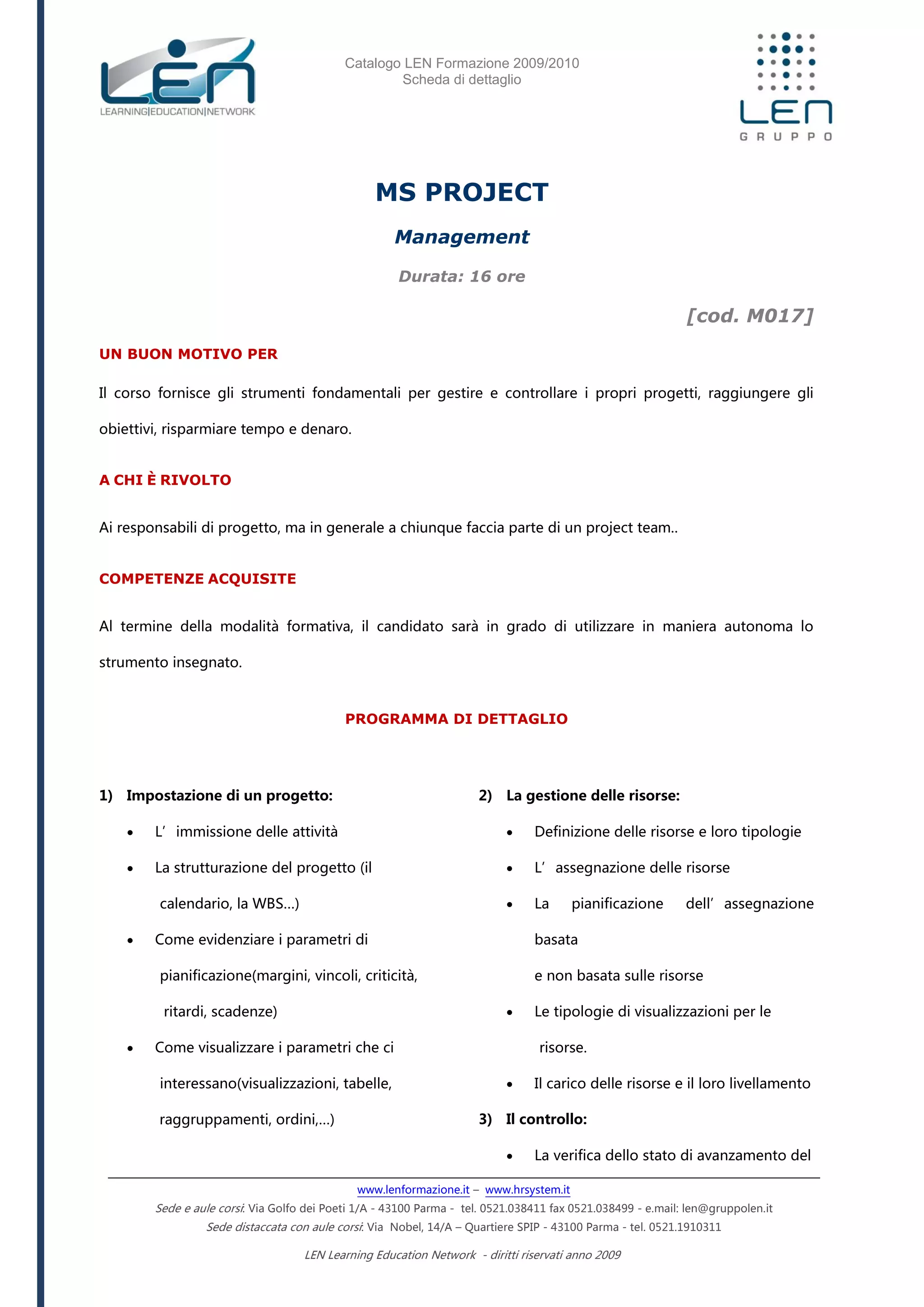 MS Project Management - Scheda corso LEN | PDF