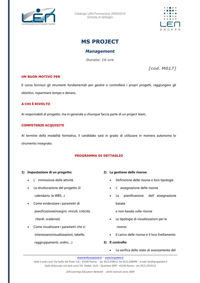 MS Project Management - Scheda corso LEN | PDF