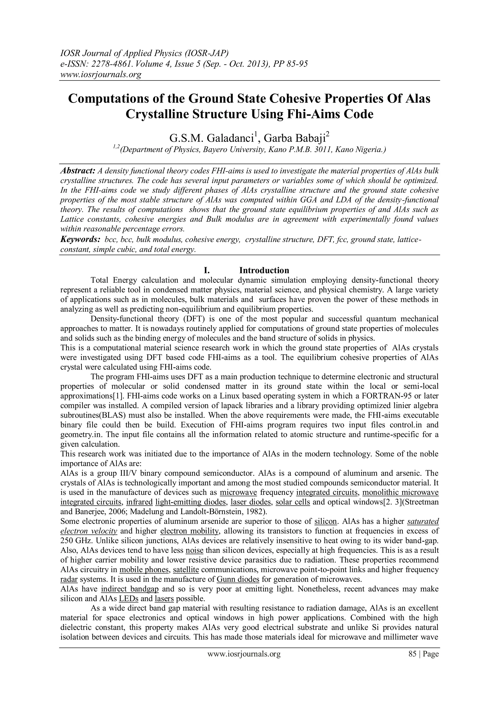 Computations of the Ground State Cohesive Properties Of Alas Crystalline Structure Using Fhi ...