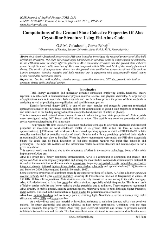 Computations of the Ground State Cohesive Properties Of Alas ...