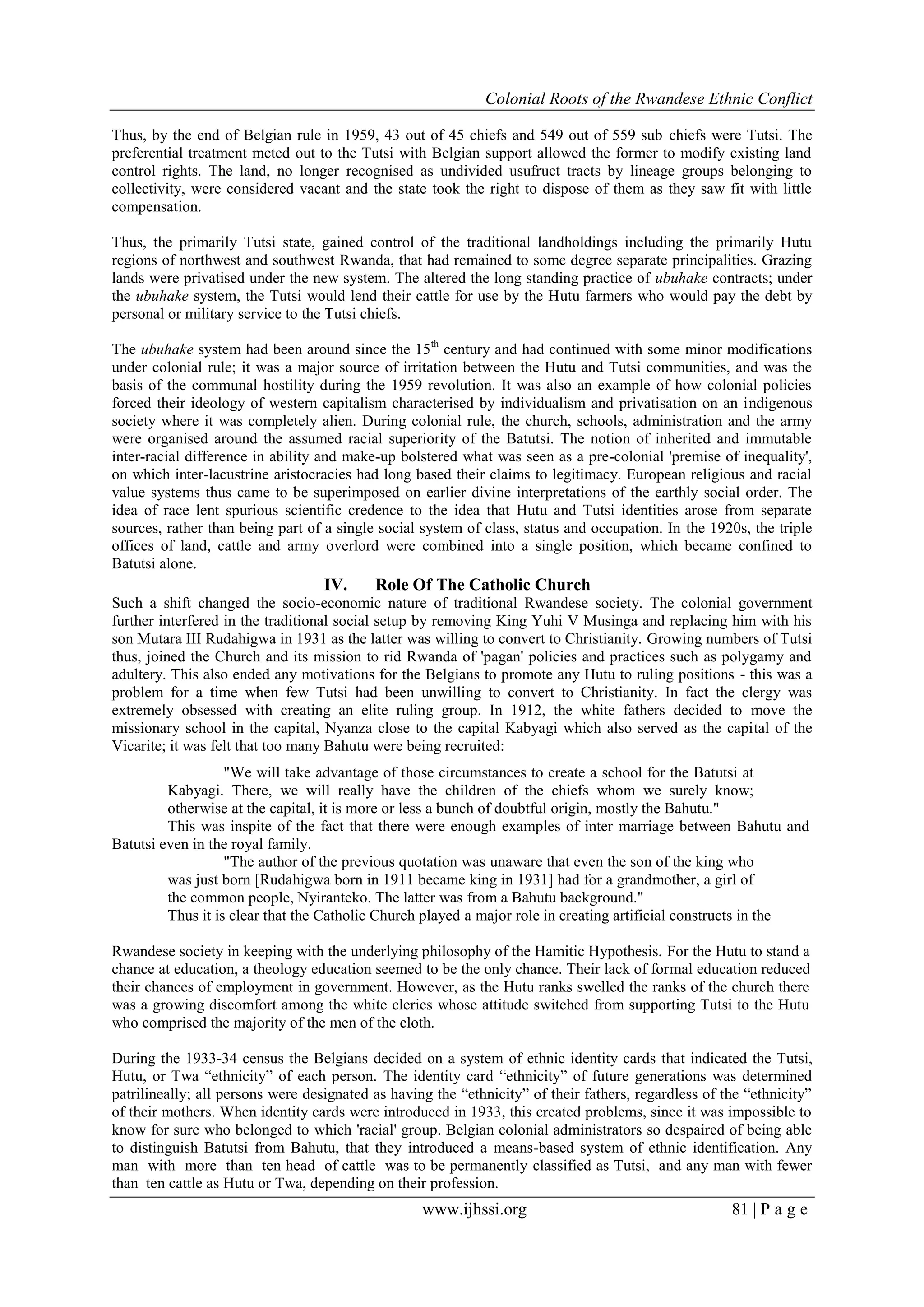 Colonial Roots of the Rwandese Ethnic Conflict | PDF