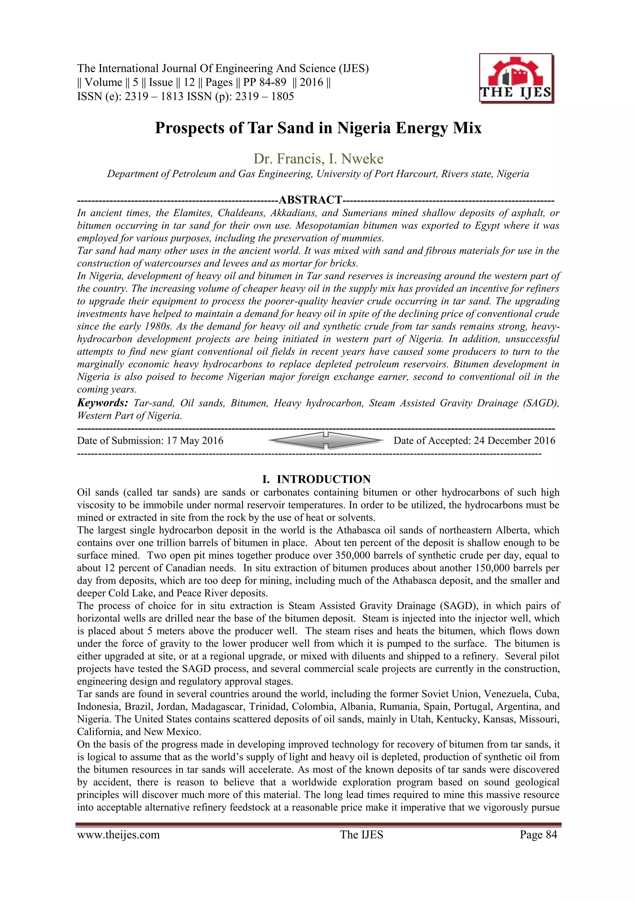 Prospects of Tar Sand in Nigeria Energy Mix | PDF