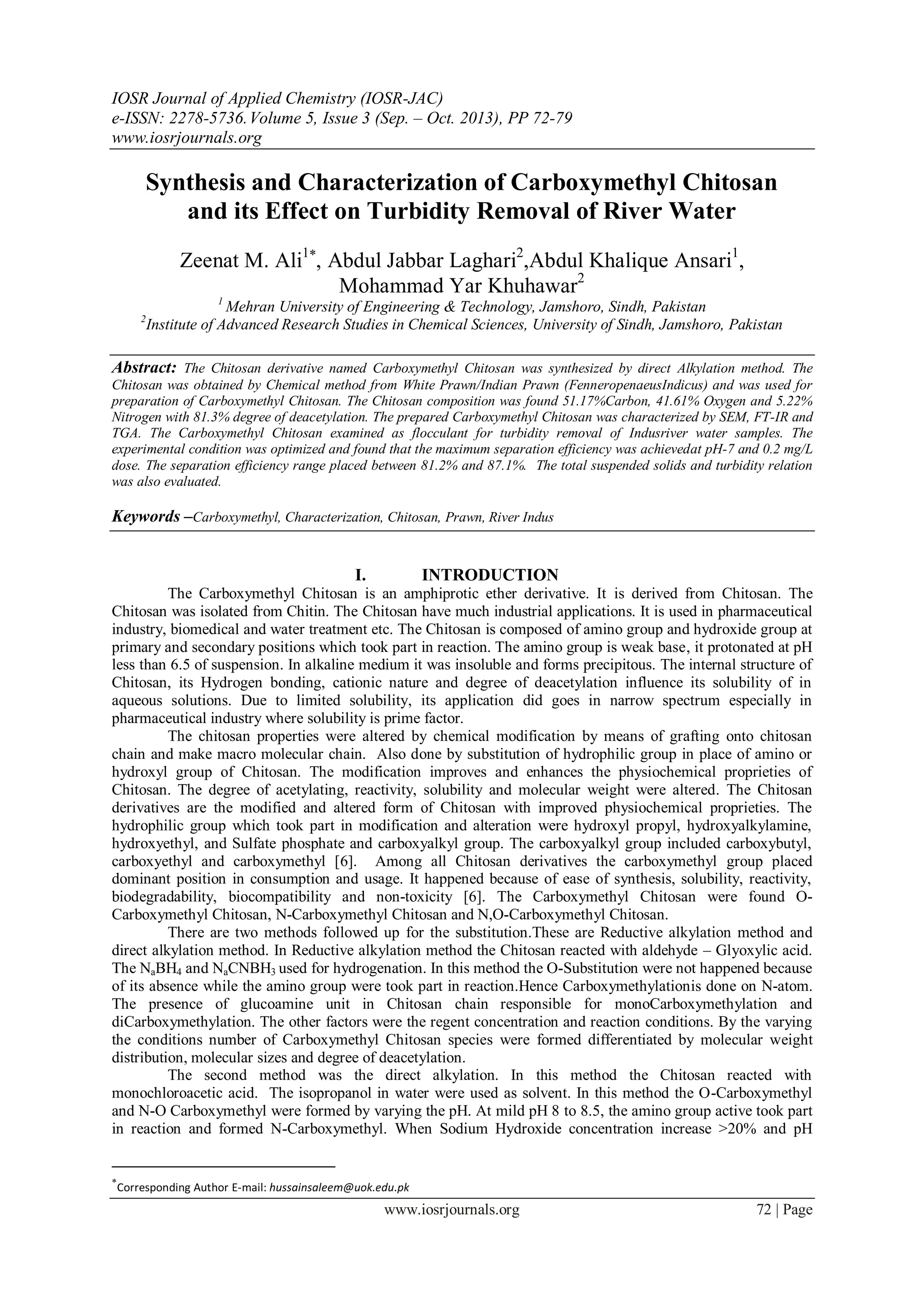 Synthesis and Characterization of Carboxymethyl Chitosan and its Effect on Turbidity Removal of ...