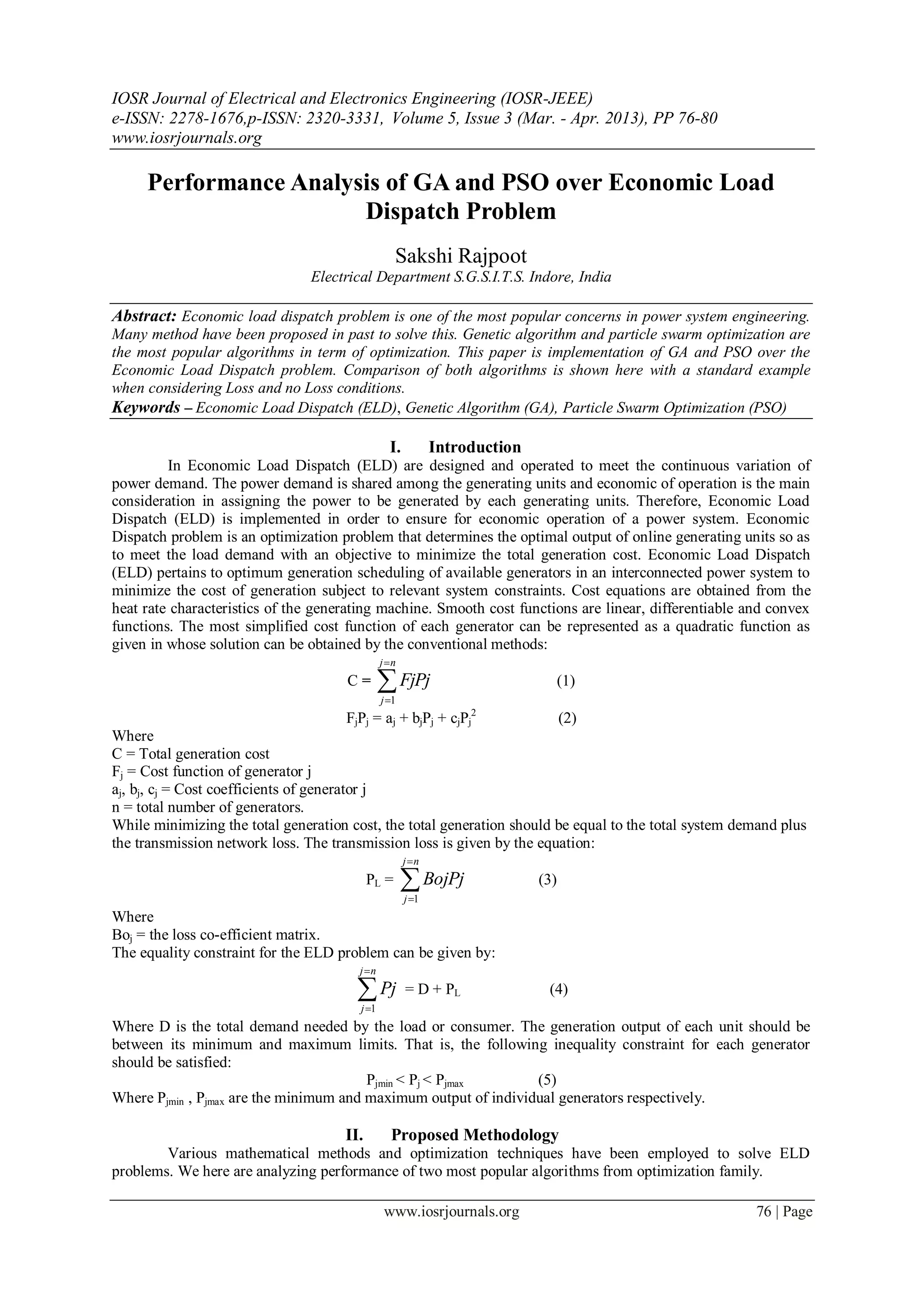 Performance Analysis of GA and PSO over Economic Load Dispatch Problem | PDF