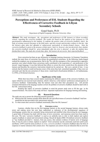 Perceptions and Preferences of ESL Students Regarding the Effectiveness of Corrective Feedback ...