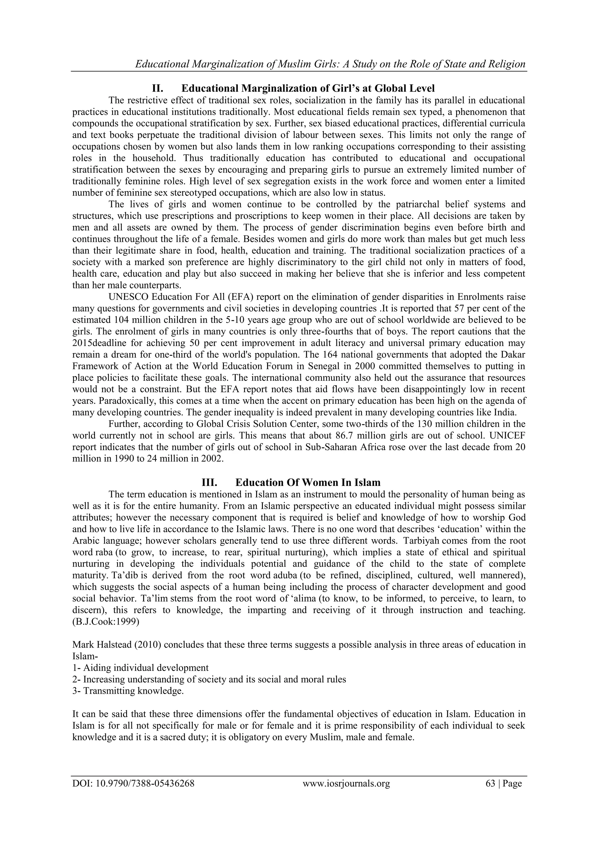 Educational Marginalization of Muslim Girls: A Study on the Role of ...