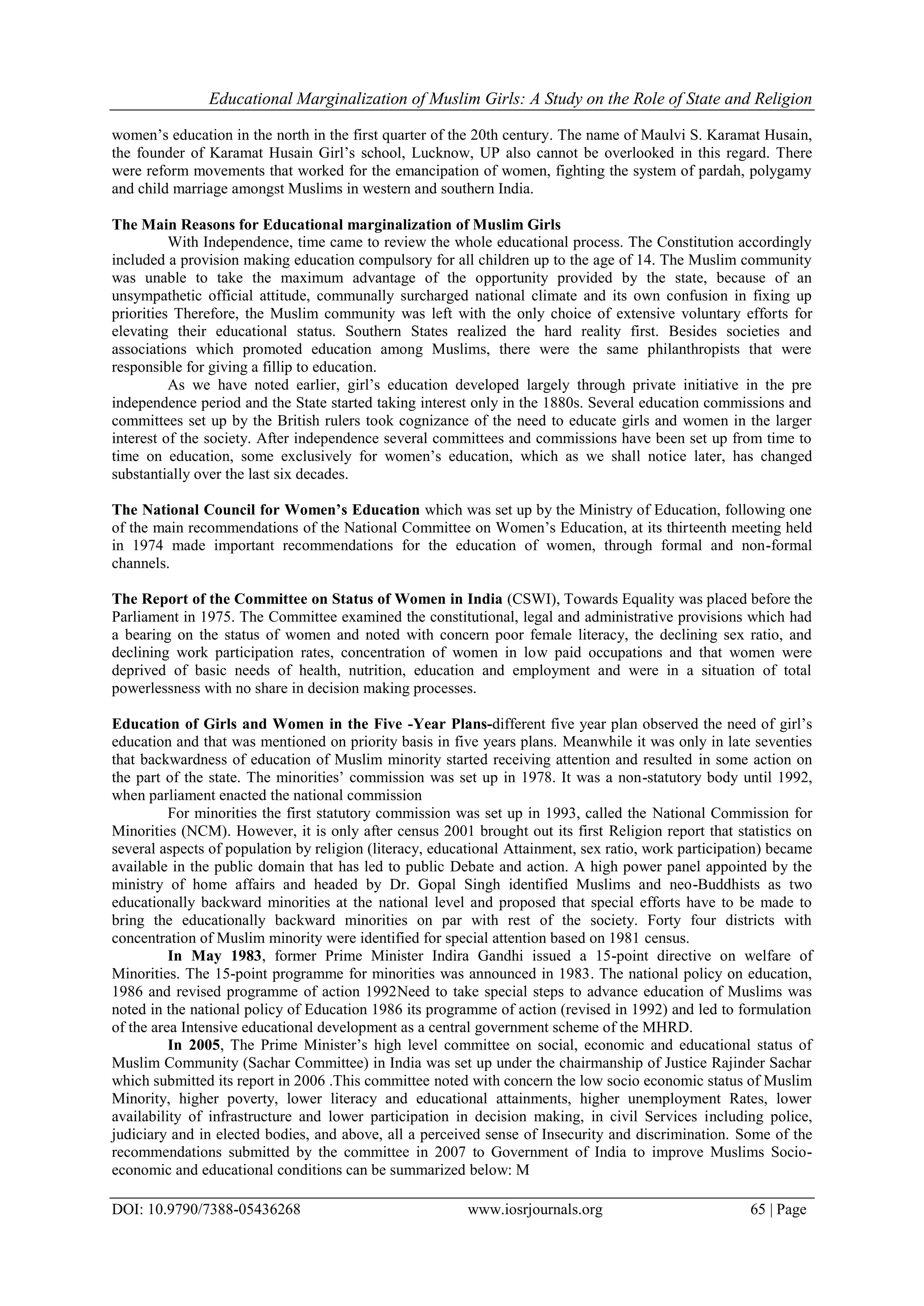 Educational Marginalization of Muslim Girls: A Study on the Role of ...