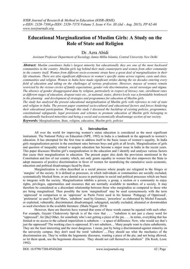 Educational Marginalization of Muslim Girls: A Study on the Role of ...