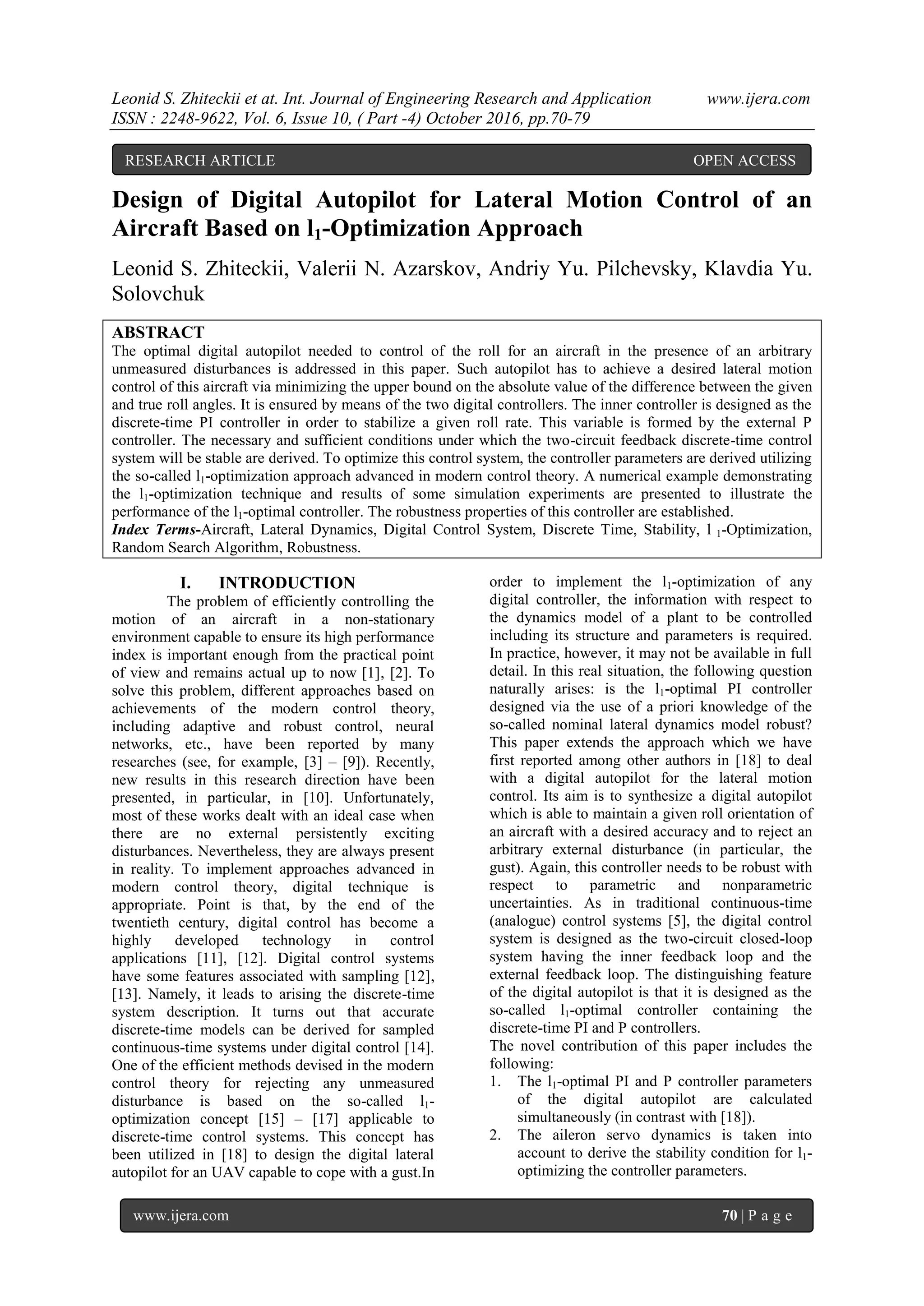 Design Of Digital Autopilot For Lateral Motion Control Of An Aircraft