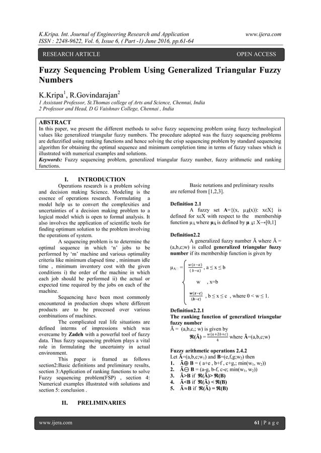 Fuzzy Sequencing Problem Using Generalized Triangular Fuzzy Numbers | PDF