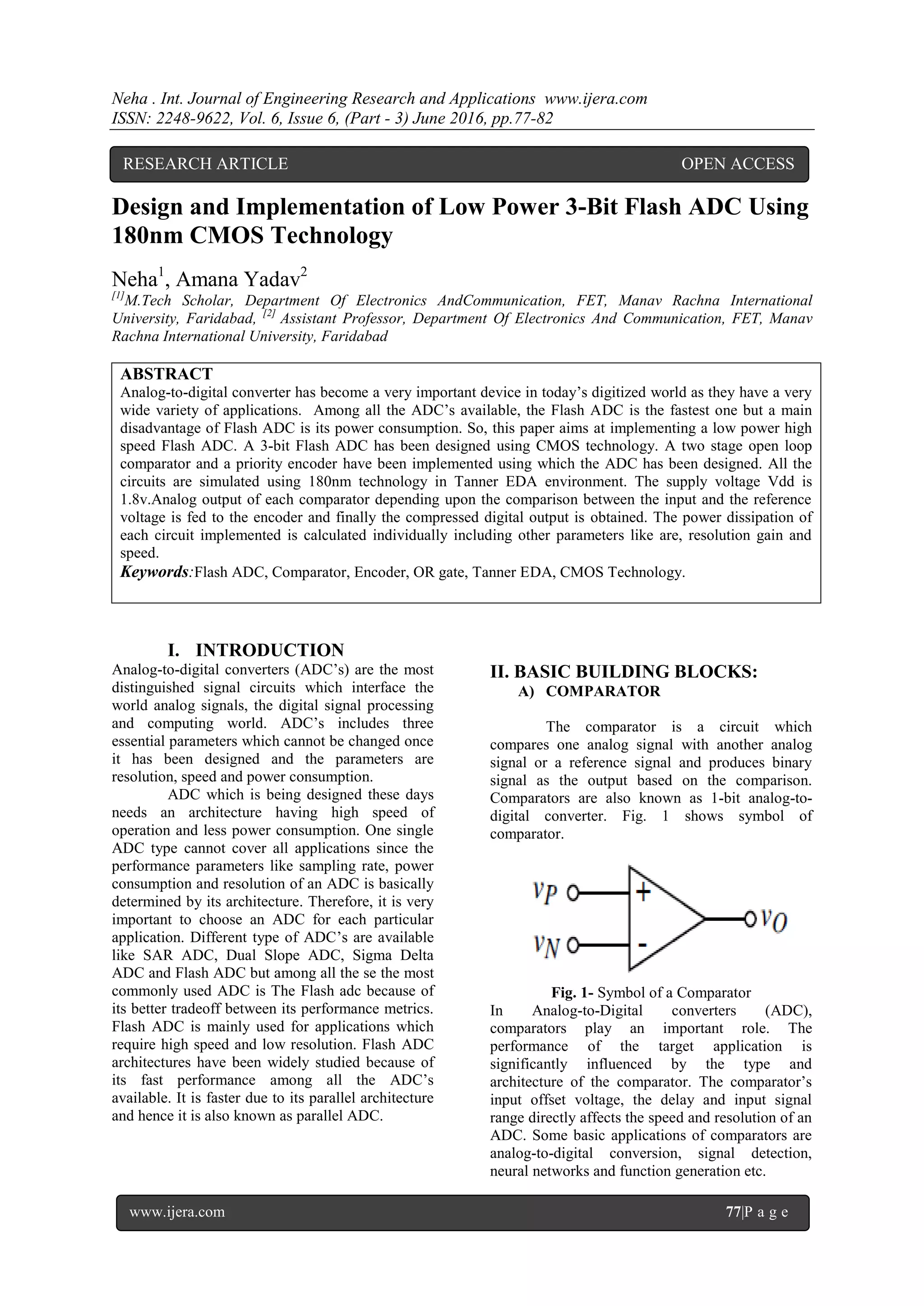 Design and Implementation of Low Power 3-Bit Flash ADC Using 180nm CMOS Technology | PDF