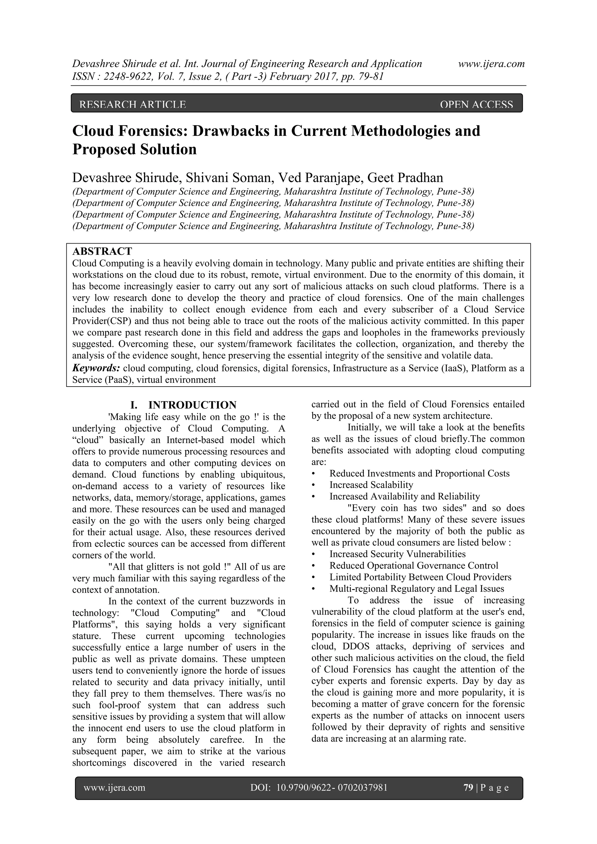 Cloud Forensics: Drawbacks in Current Methodologies and Proposed Solution | PDF | Cloud ...