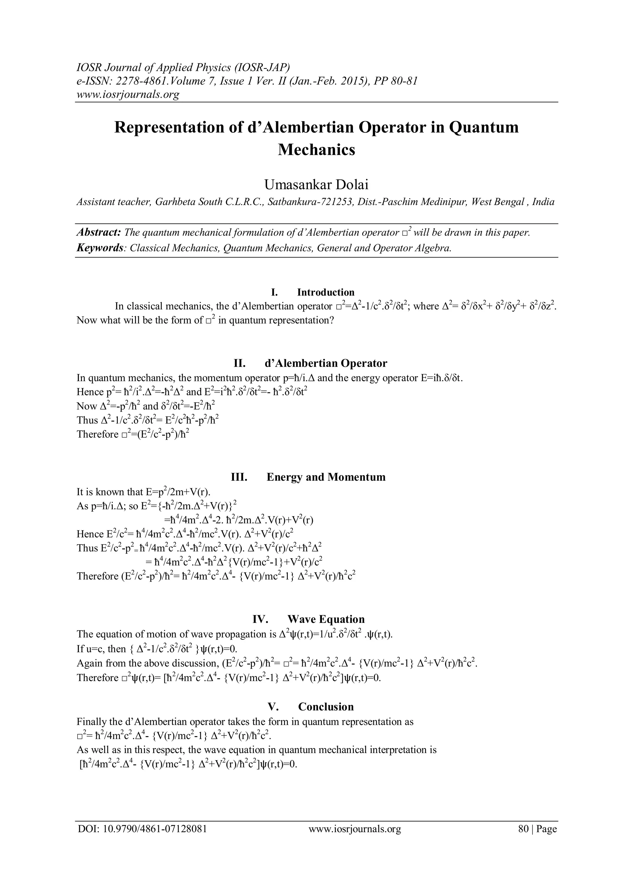 Representation of d’Alembertian Operator in Quantum Mechanics | PDF