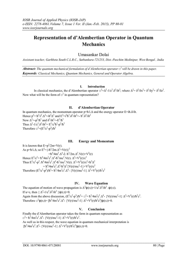 Representation of d’Alembertian Operator in Quantum Mechanics | PDF