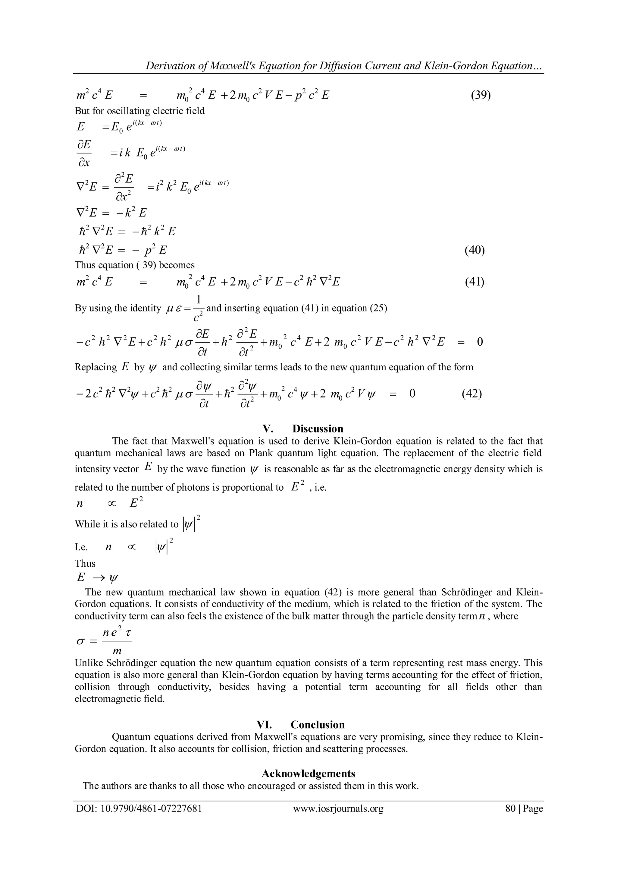 Derivation of Maxwell's Equation for Diffusion Current and Klein-Gordon ...