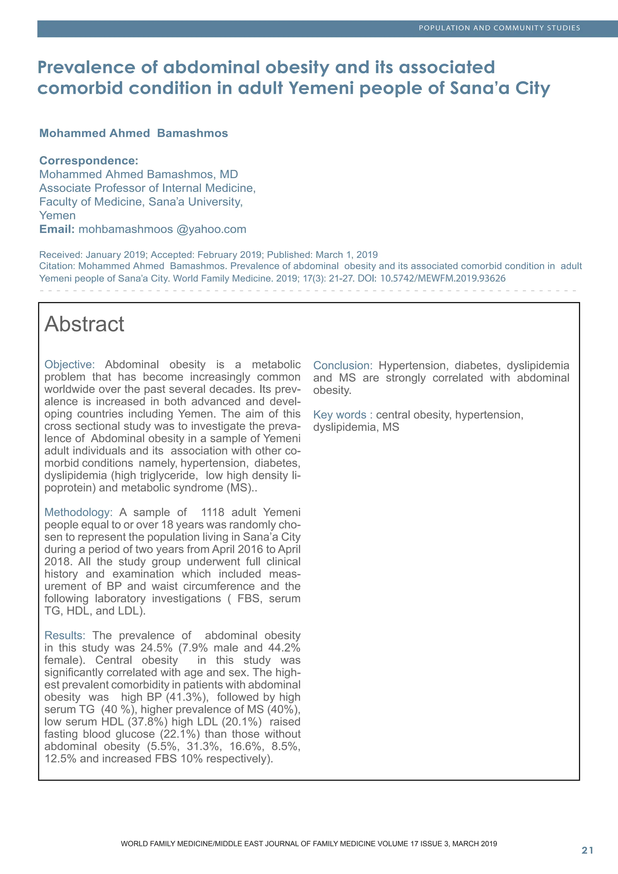 Prevalence of abdominal obesity and its associated comorbid condition ...