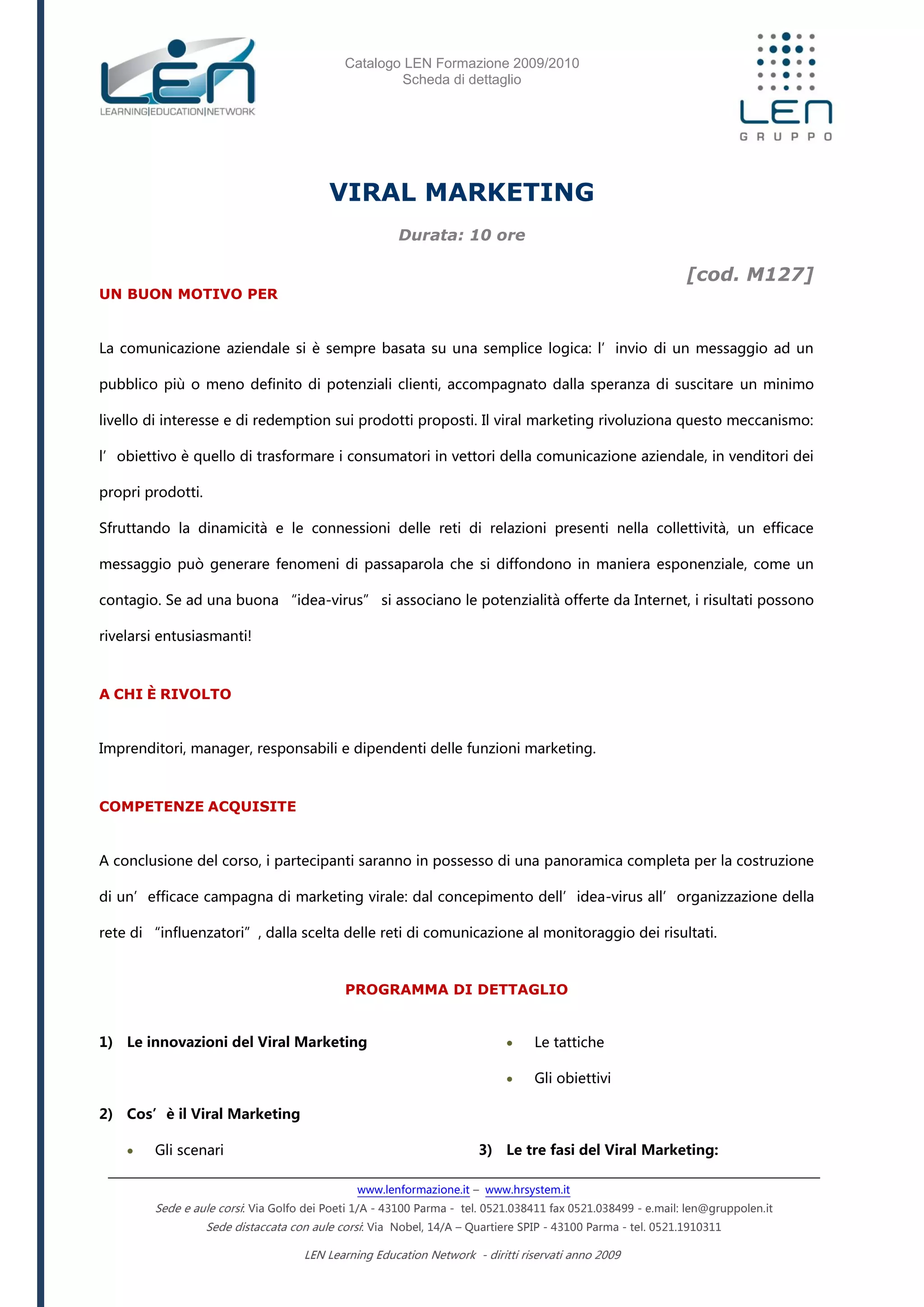 Viral Marketing - Scheda corso LEN | PDF