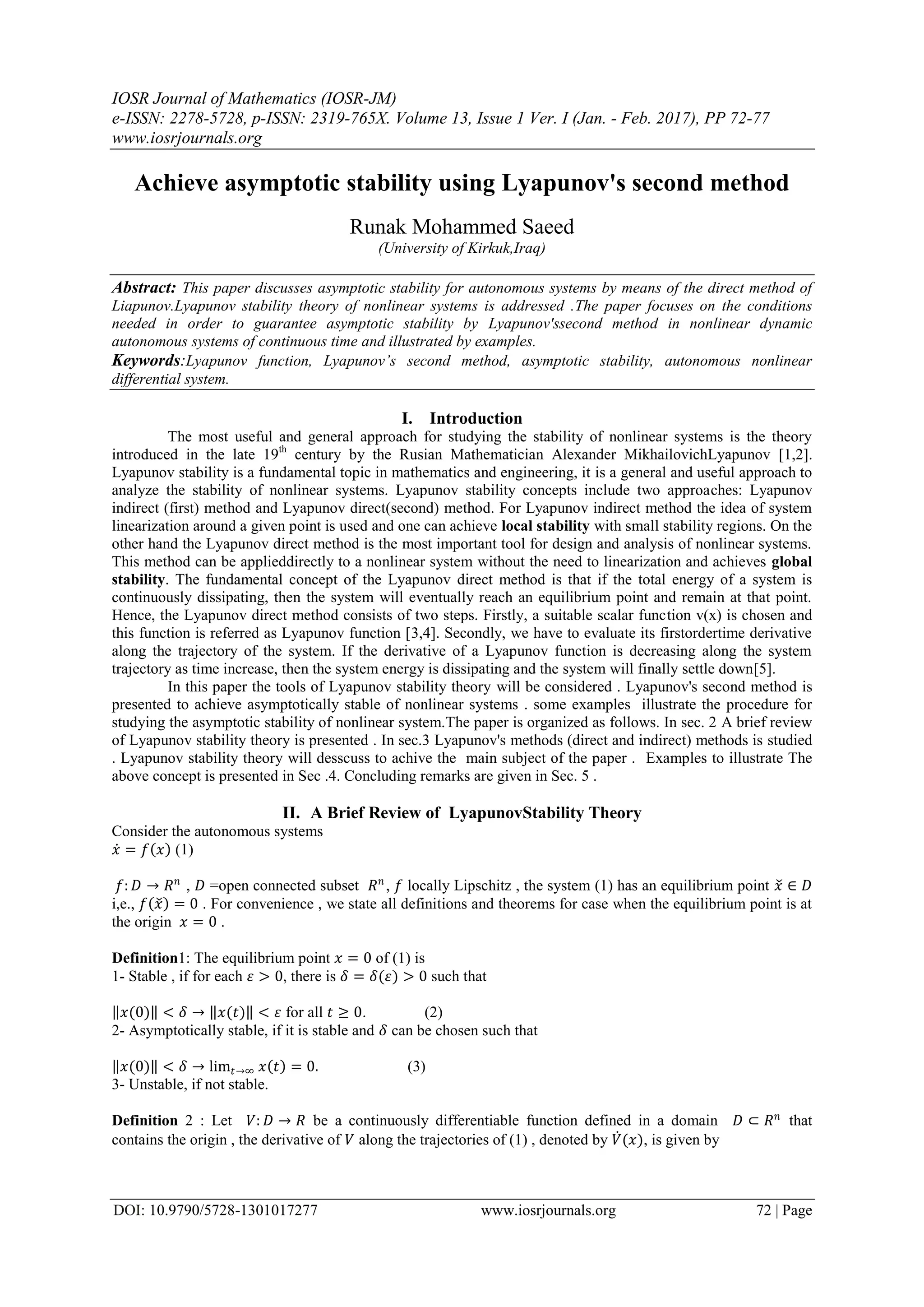 Achieve asymptotic stability using Lyapunov's second method | PDF