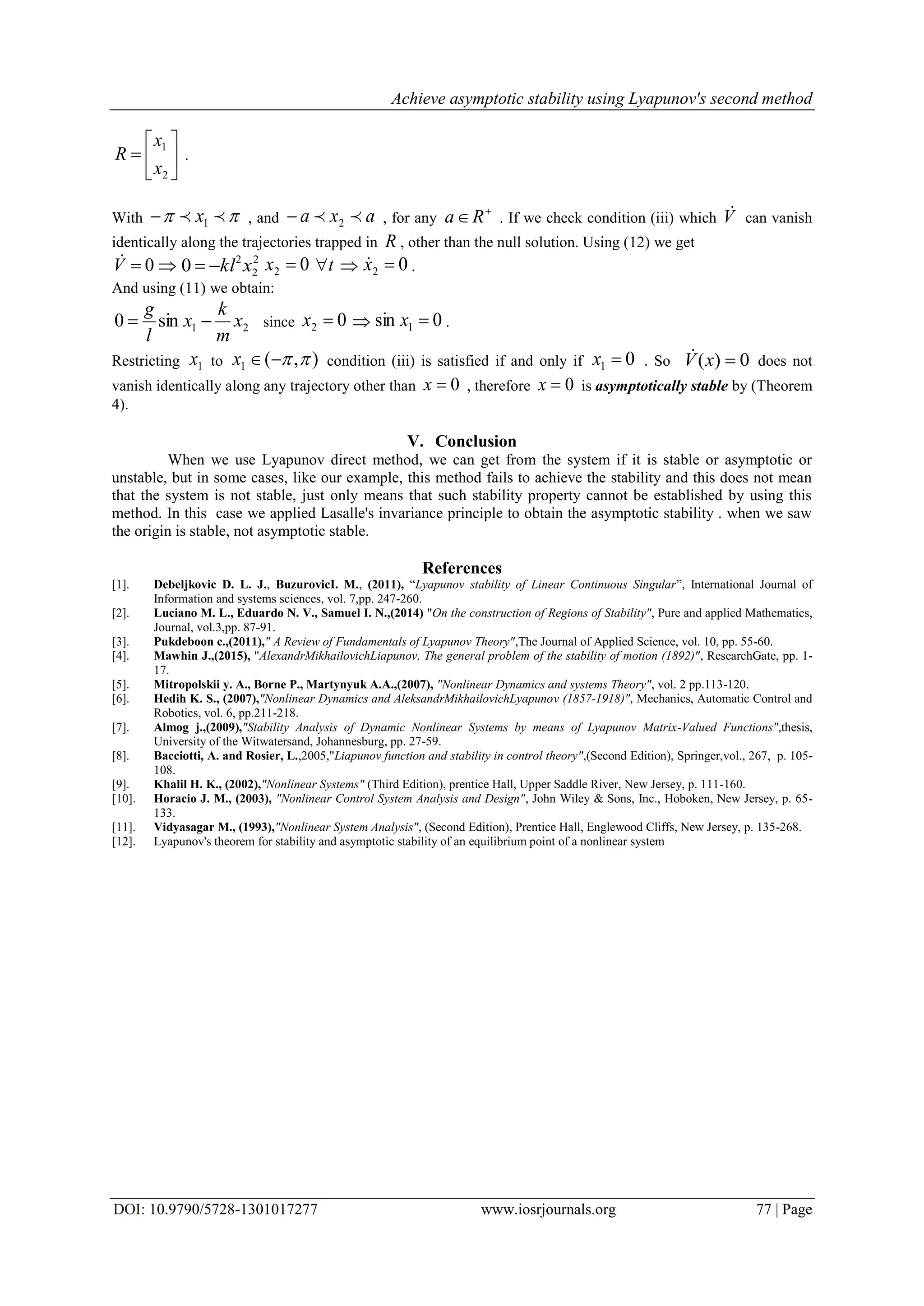 Achieve asymptotic stability using Lyapunov's second method | PDF