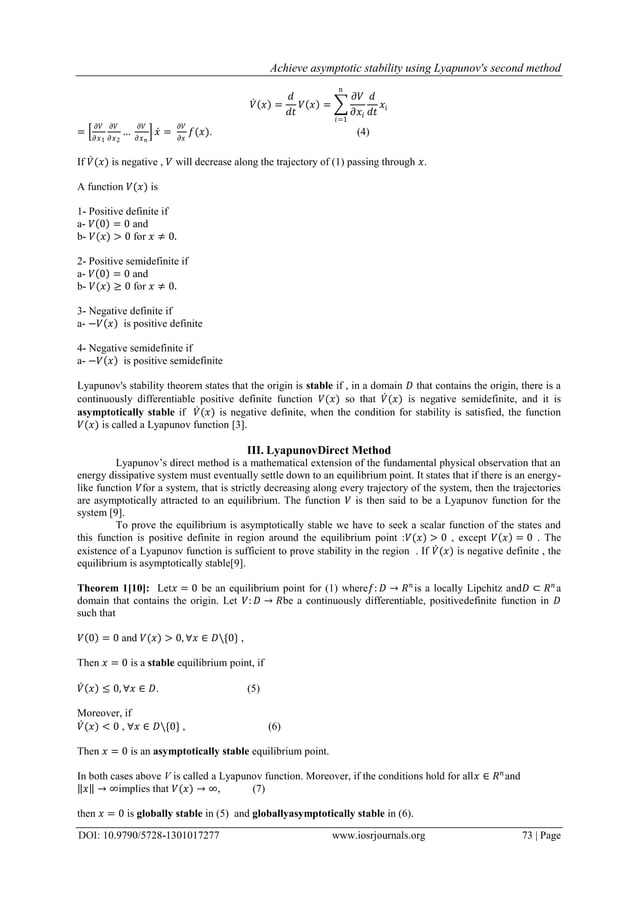 Achieve asymptotic stability using Lyapunov's second method | PDF