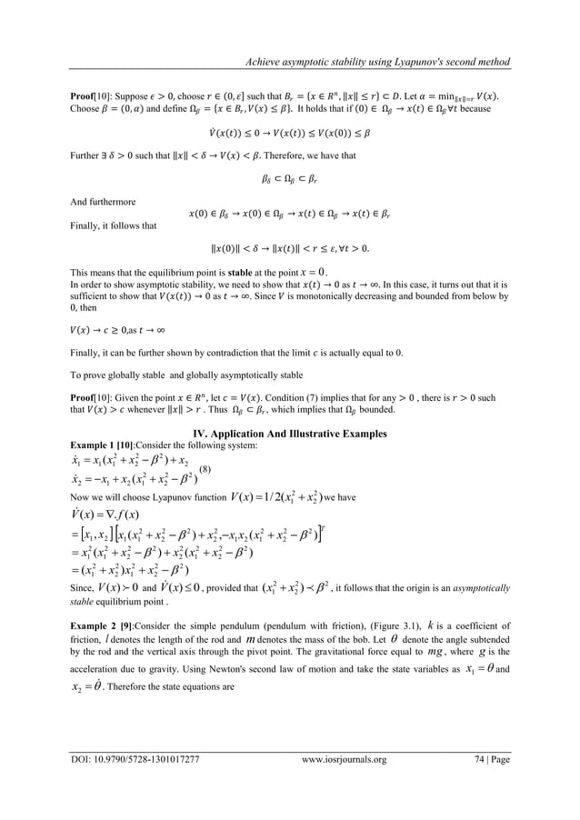 Achieve asymptotic stability using Lyapunov's second method | PDF