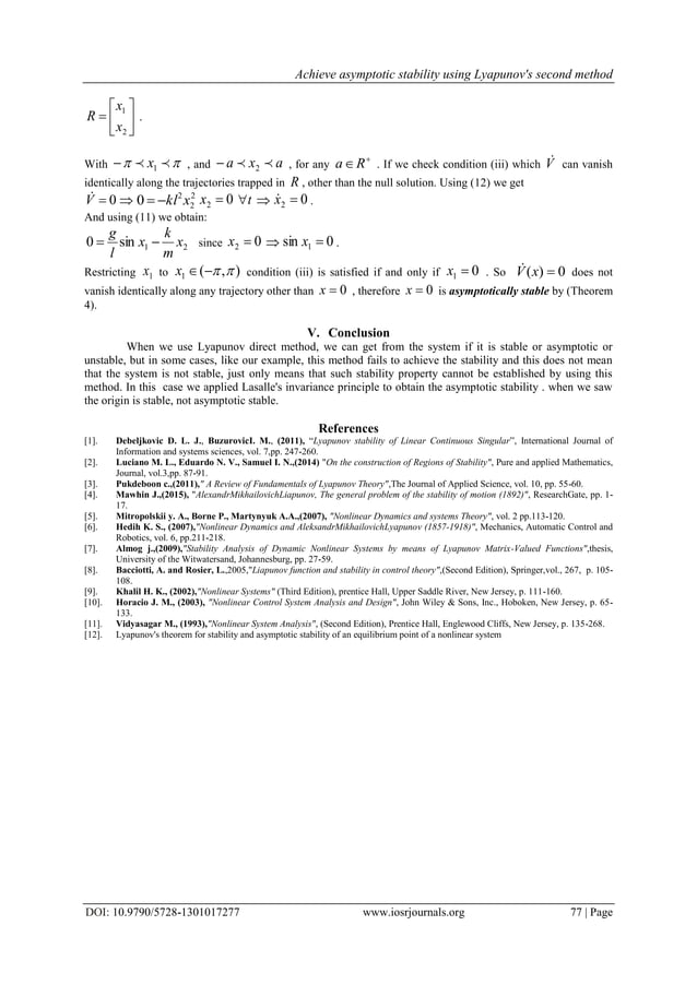 Achieve asymptotic stability using Lyapunov's second method | PDF