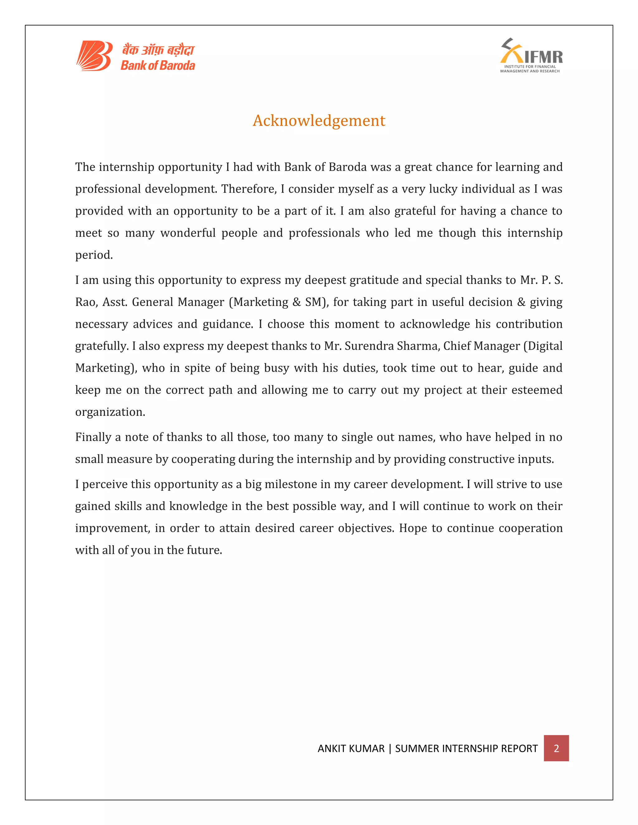 Bank of Baroda- Summer Internship Report | PDF