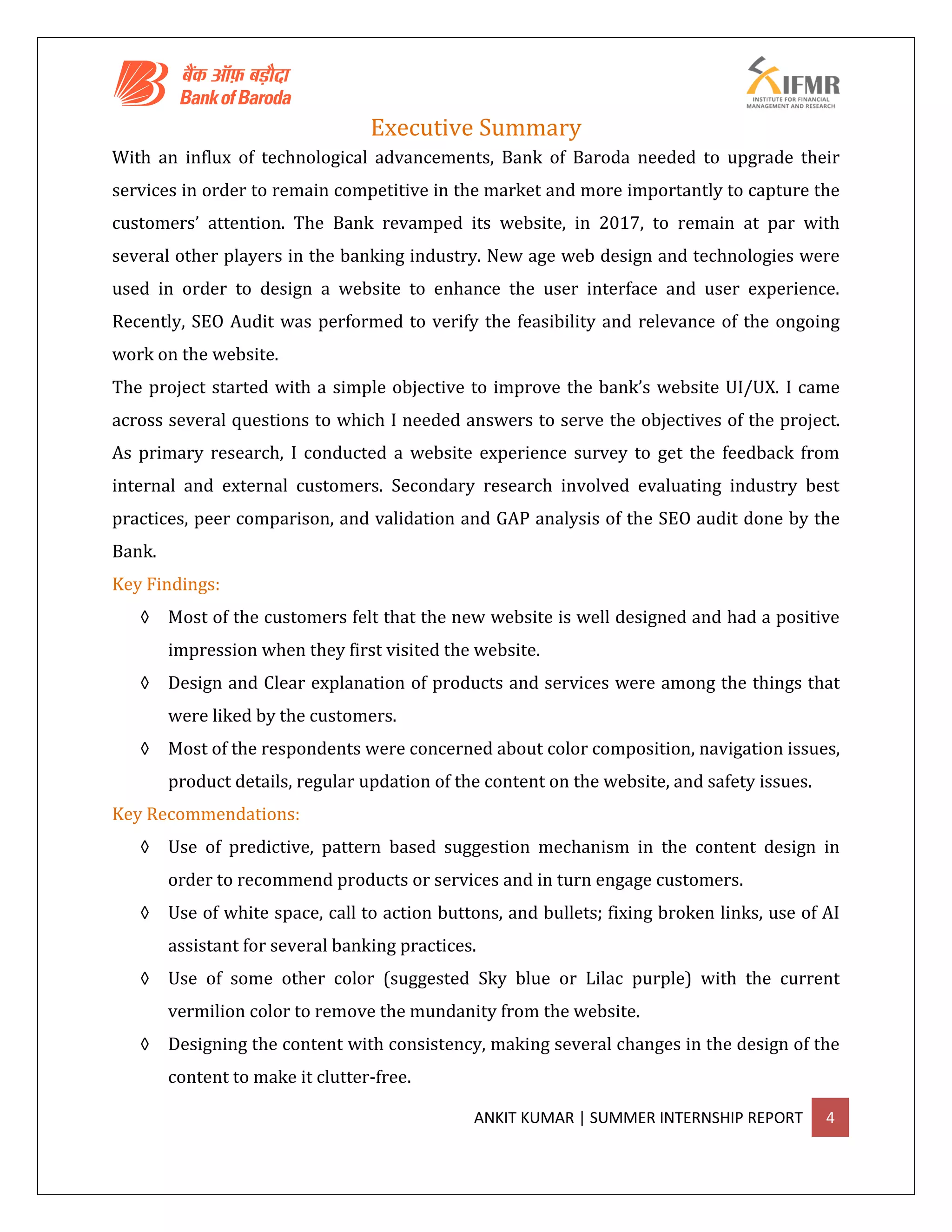 Bank of Baroda- Summer Internship Report | PDF