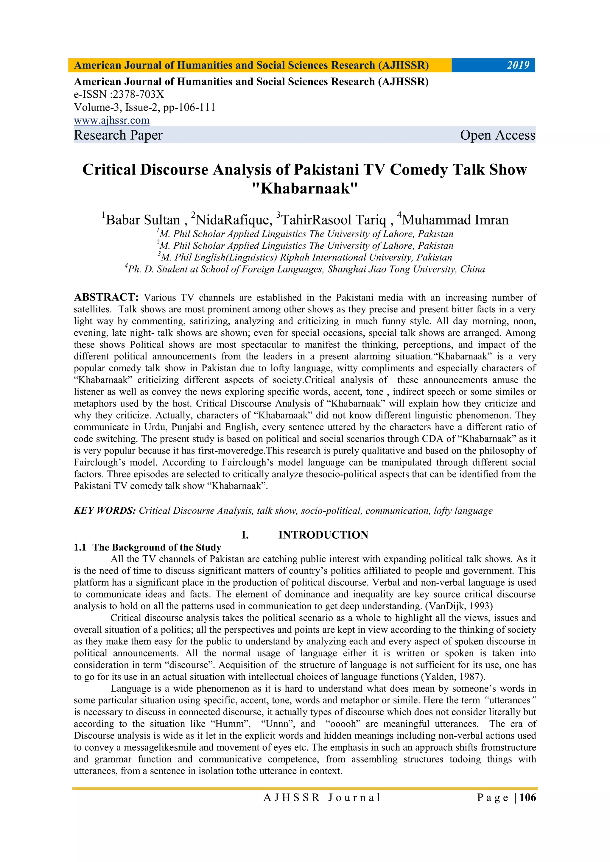 Critical Discourse Analysis of Pakistani TV Comedy Talk Show “Khabarnaak” | PDF