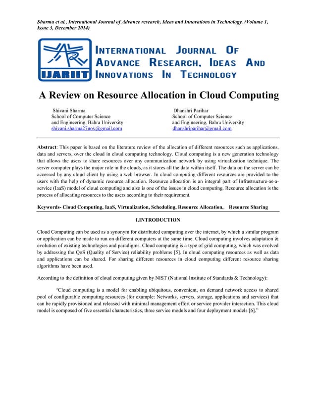 A Review on Resource Allocation in Cloud Computing | PDF | Cloud Computing | Internet