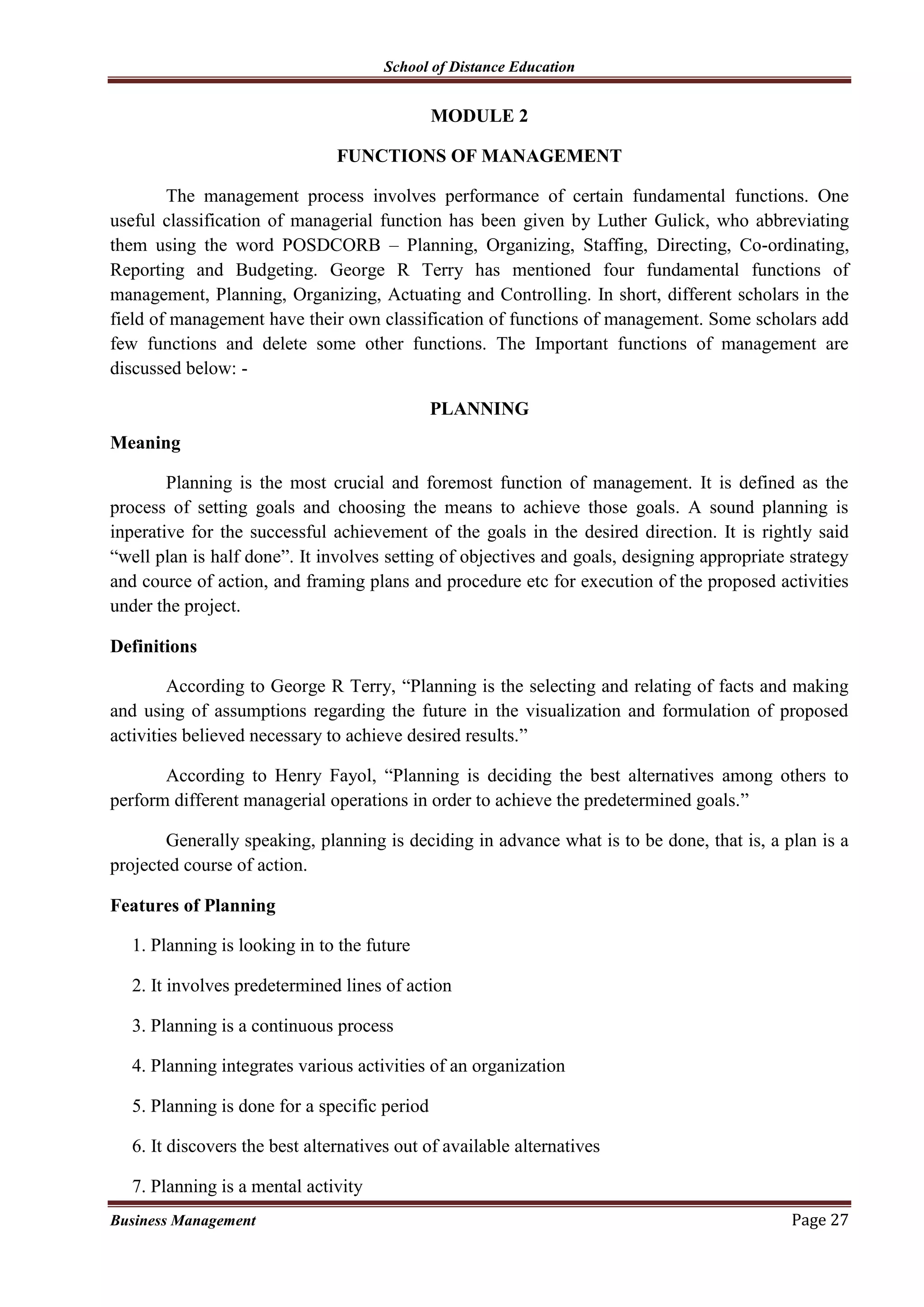 Planning - Meaning and Definition – Nature – Objectives – Advantages and Disadvantages – Process ...