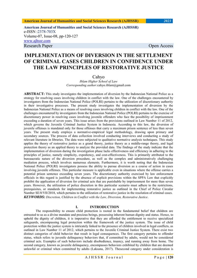 IMPLEMENTATION OF DIVERSION IN THE SETTLEMENT OF CRIMINAL CASES CHILDREN IN CONFIDENCE UNDER THE ...