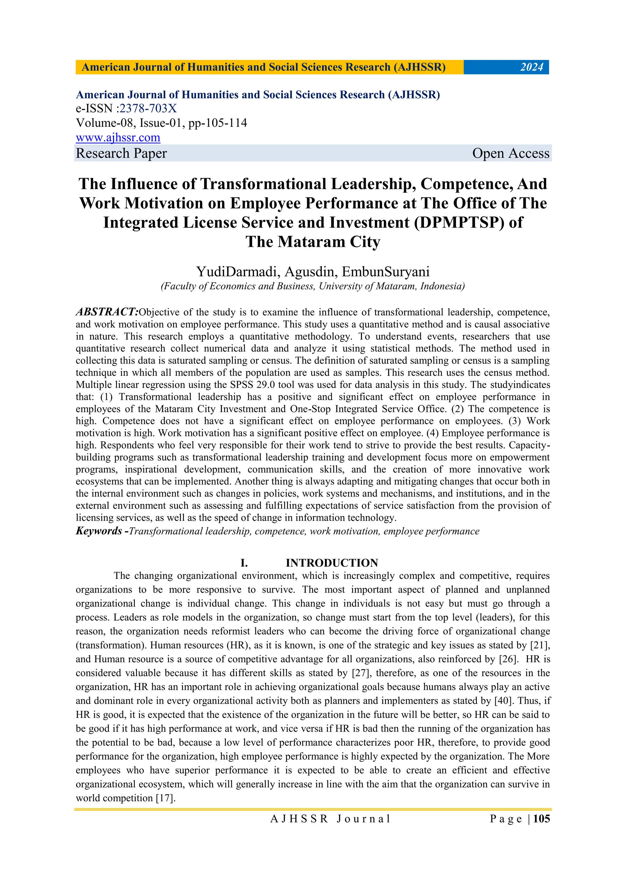The Influence of Transformational Leadership, Competence, And Work Motivation on Employee ...