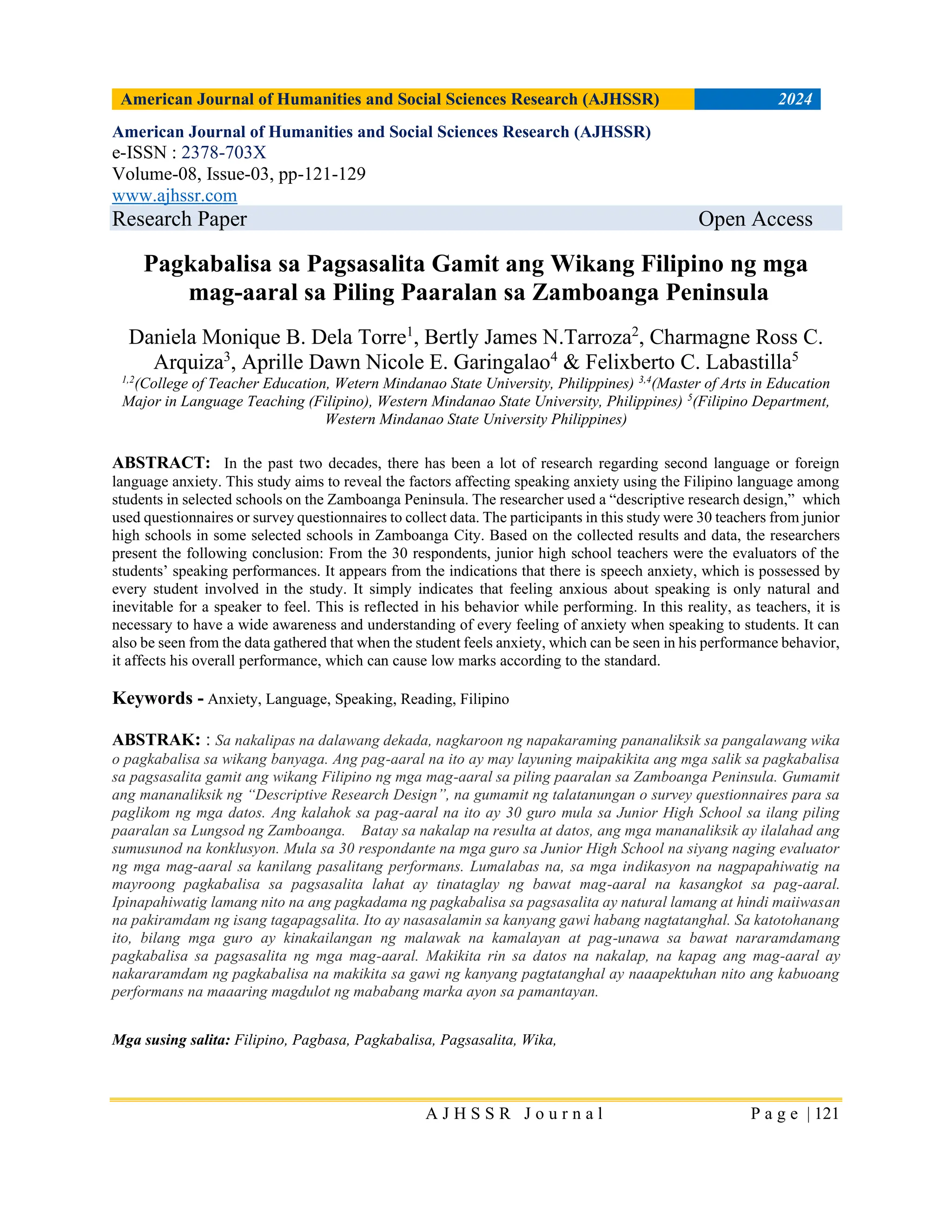 Pagkabalisa sa Pagsasalita Gamit ang Wikang Filipino ng mga mag-aaral ...