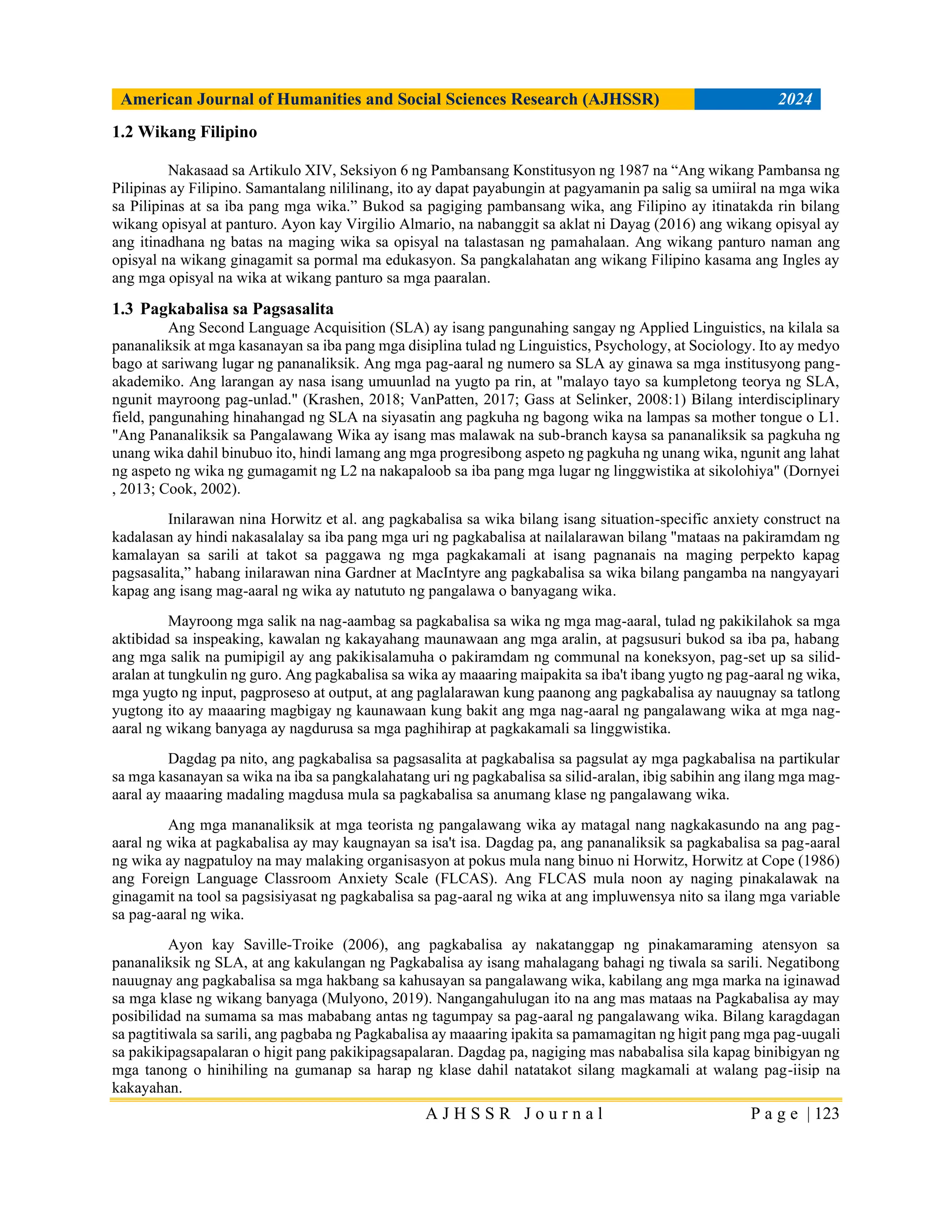 Pagkabalisa sa Pagsasalita Gamit ang Wikang Filipino ng mga mag-aaral ...