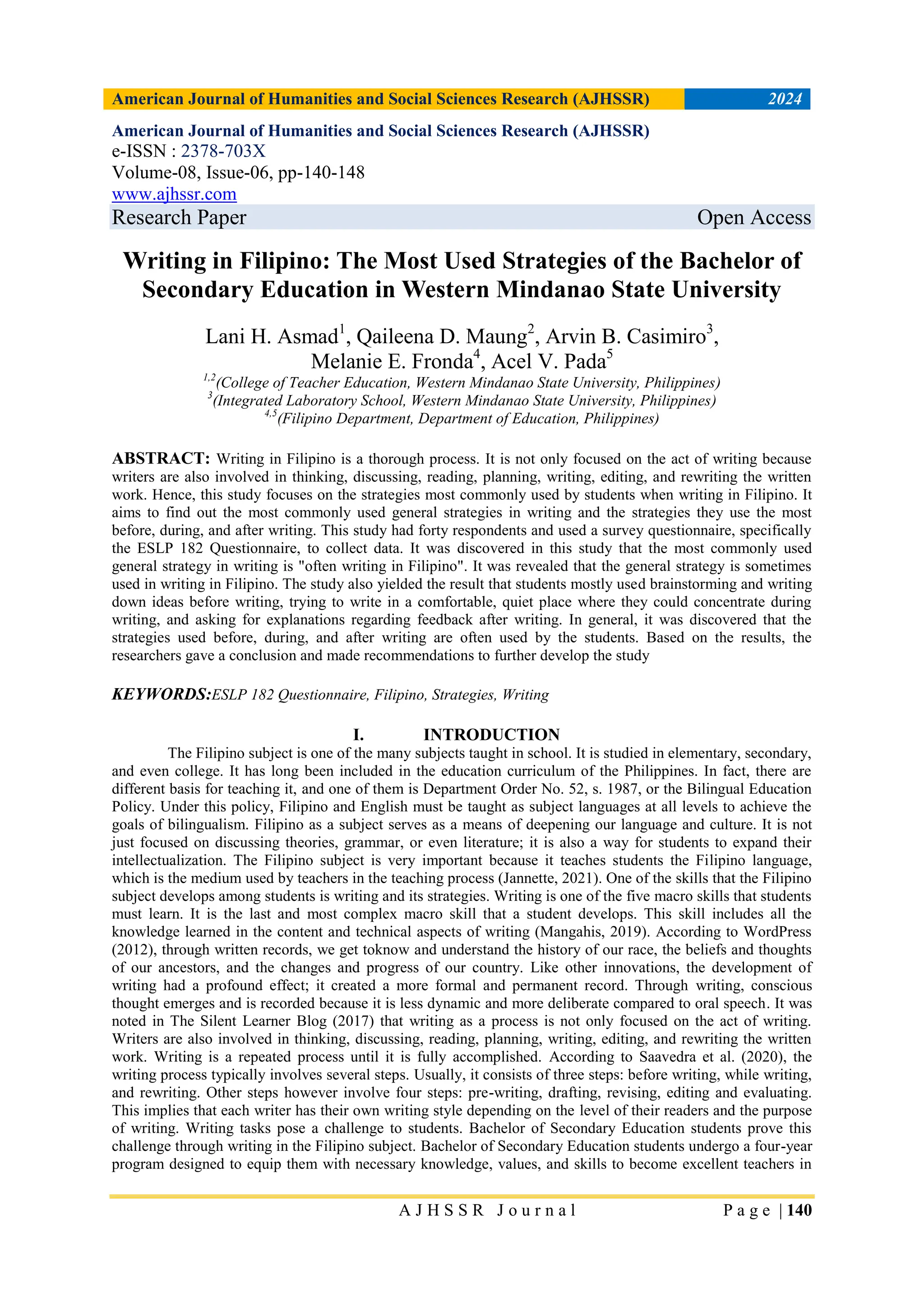Writing in Filipino: The Most Used Strategies of the Bachelor of ...