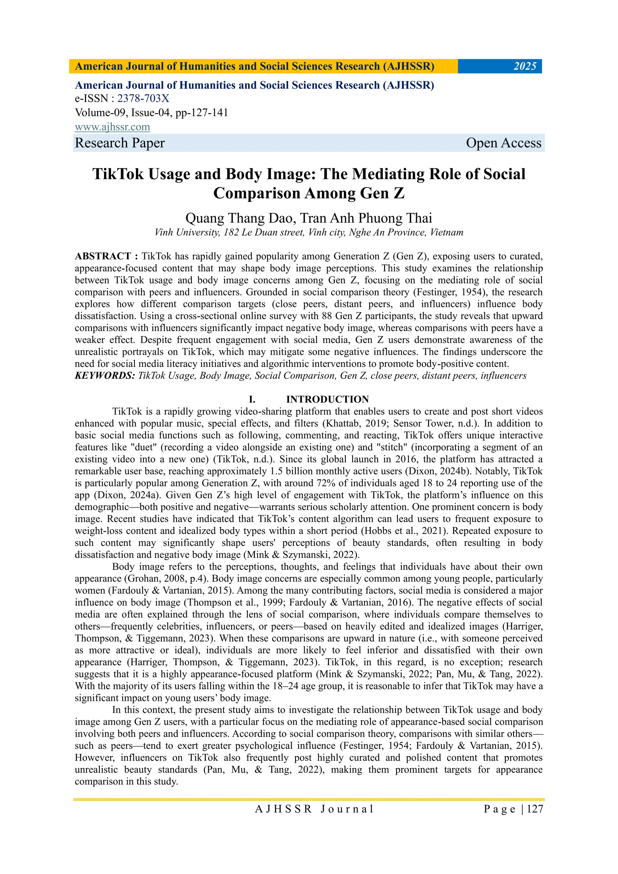 TikTok Usage and Body Image: The Mediating Role of Social Comparison ...