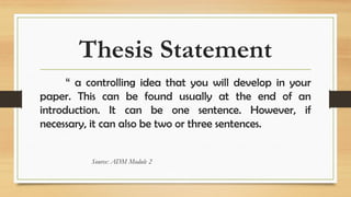 EAPP_Lesson 4: HOW TO WRITE THESIS STATEMENT | PPT