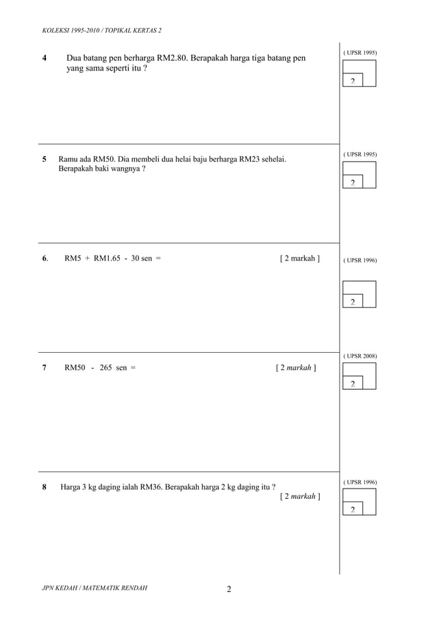 Topikal UPSR ( wang) Kertas 2 | PDF