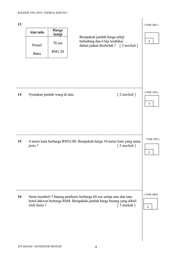 Topikal UPSR ( wang) Kertas 2 | PDF